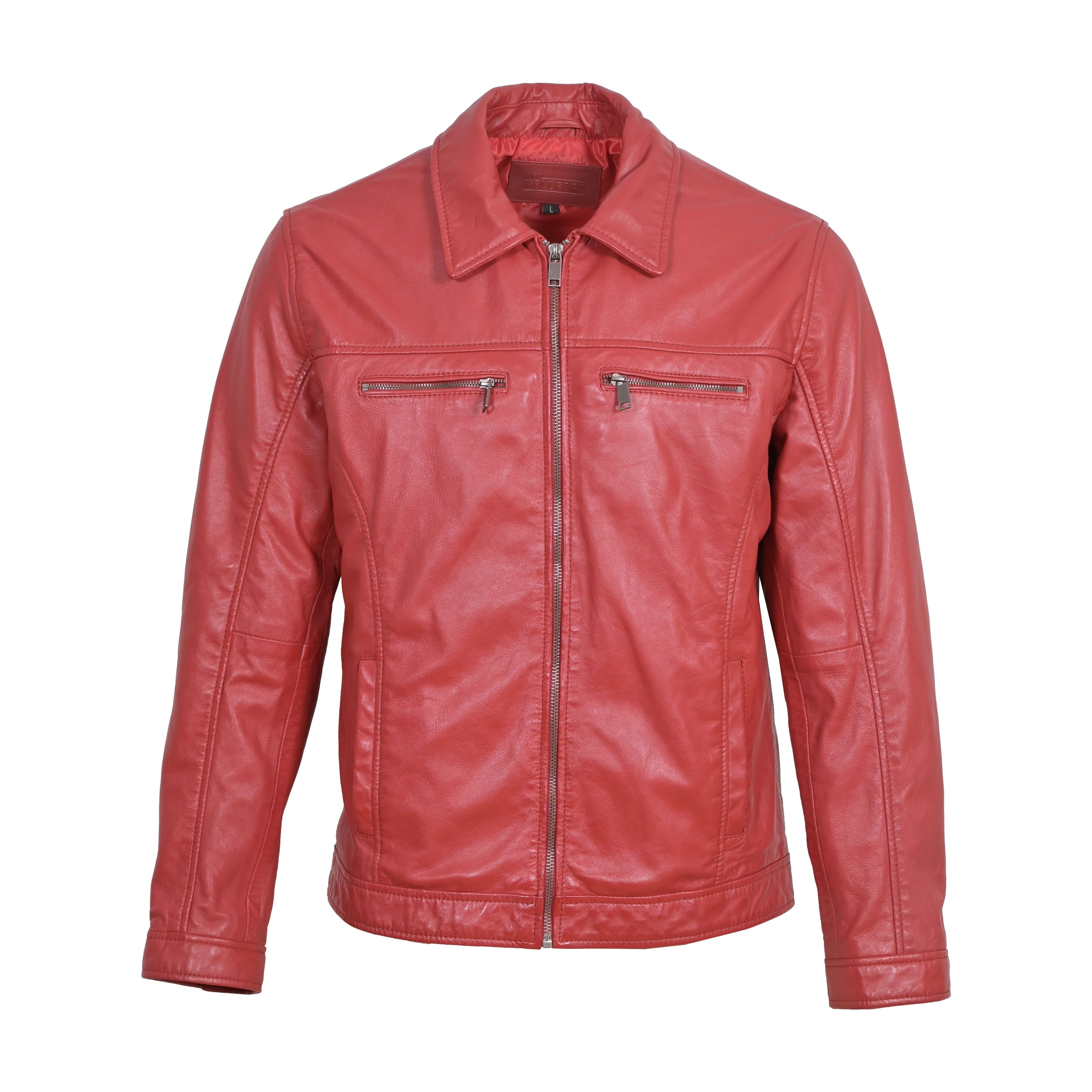 BLUE WELLFORD SOFT Men's Red Leather jacket Shirt collar Long sleeves ...