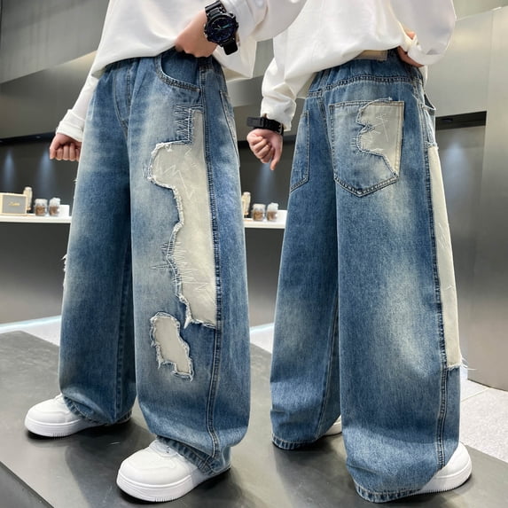 SOFTCCLO Boys Jeans Patchwork Design Wide Leg Loose Versatile Straight ...