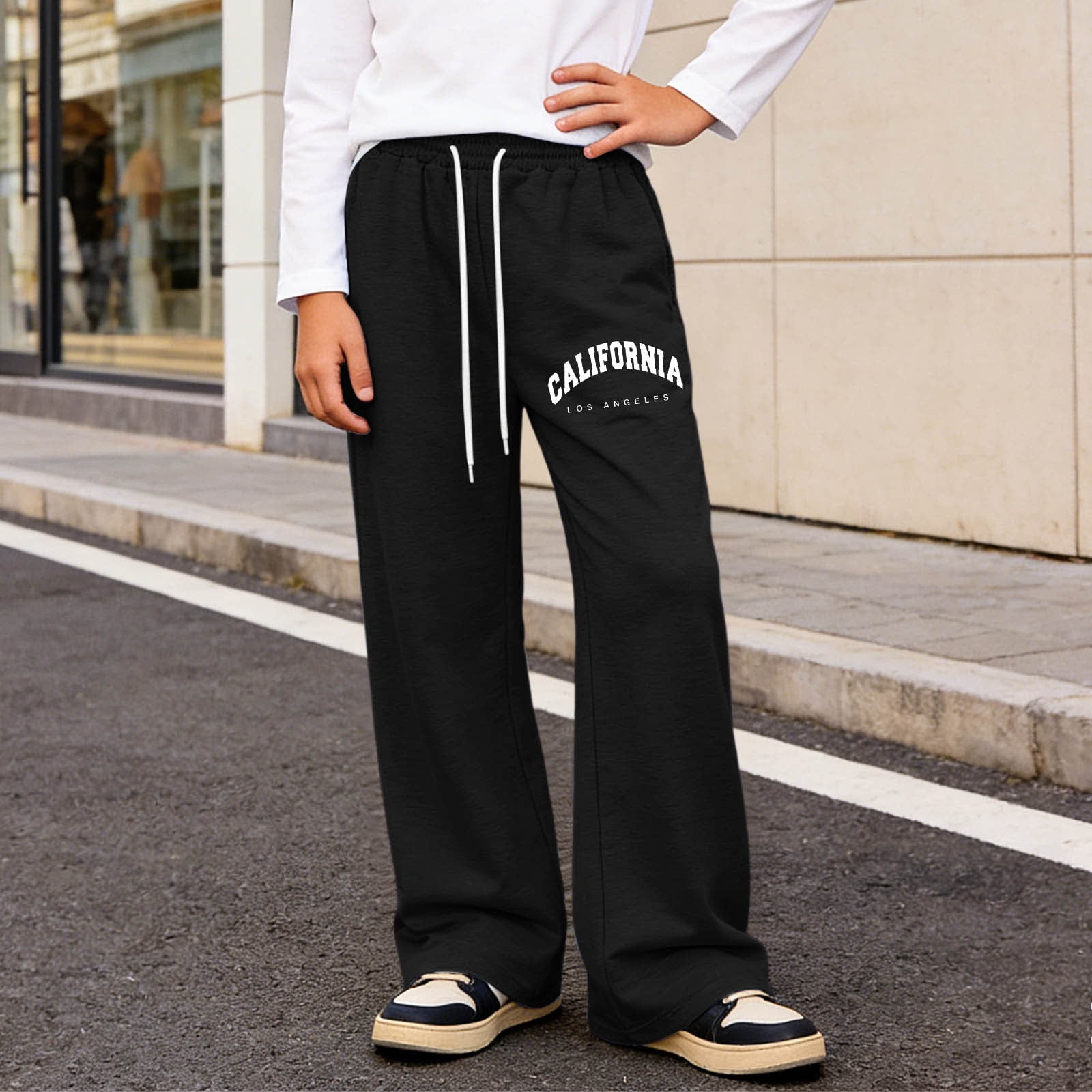 SOFTCCLO Boys Pants Graffiti Letter Print Loose Straight Leg Drawstring ...