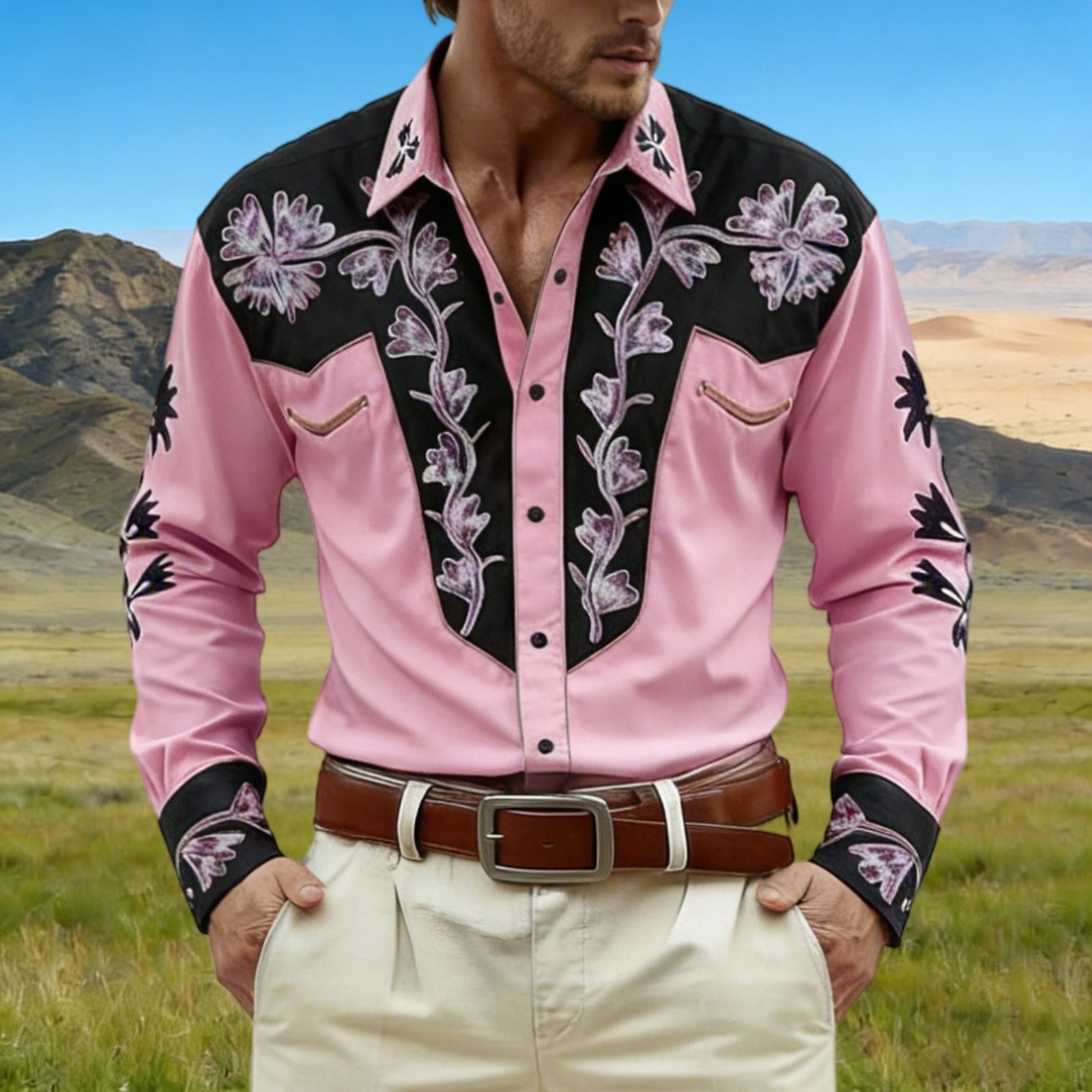 SOFTCCLO Mens Shirts Western Cowboys Printed Long Sleeve Button Lapel ...
