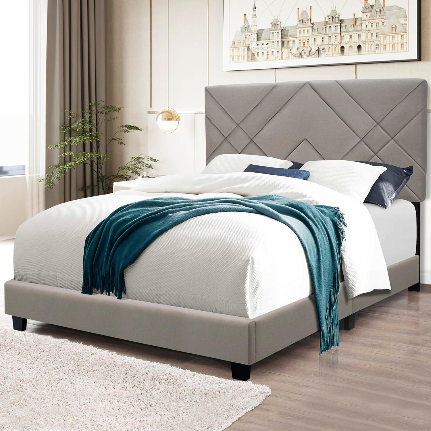 SOFTSEA Queen Platform Bed with Upholstered Headboard,Queen Size ...