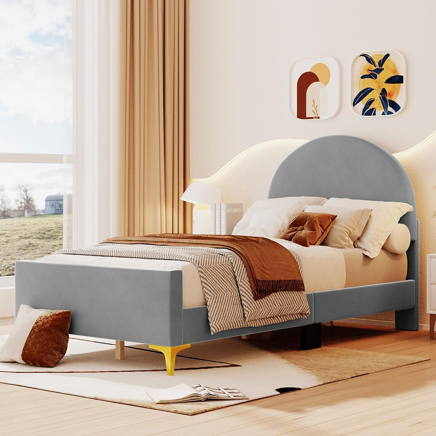 SOFTSEA Twin Size Upholstered Platform Bed with Classic Semi-Circle ...