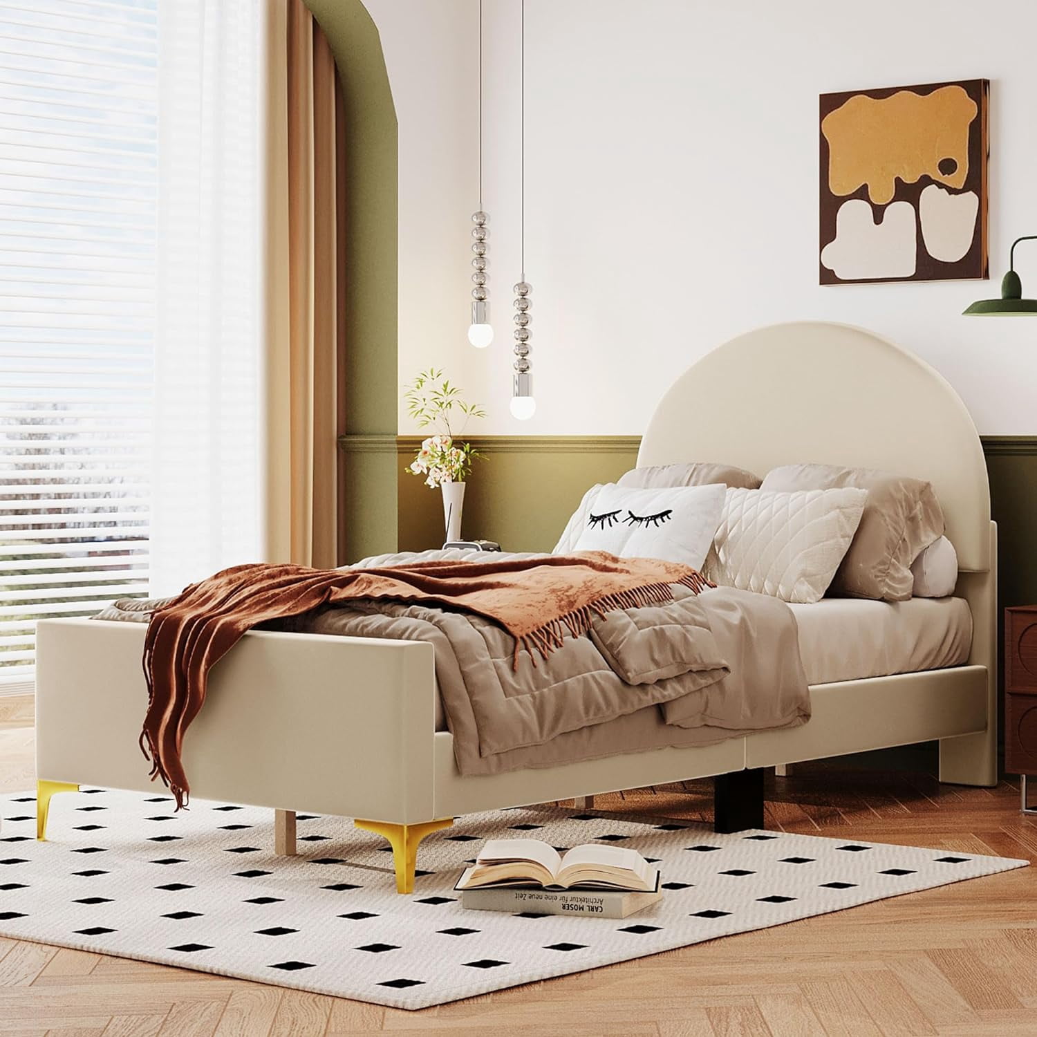 SOFTSEA Twin Size Upholstered Platform Bed with Classic Semi-Circle ...
