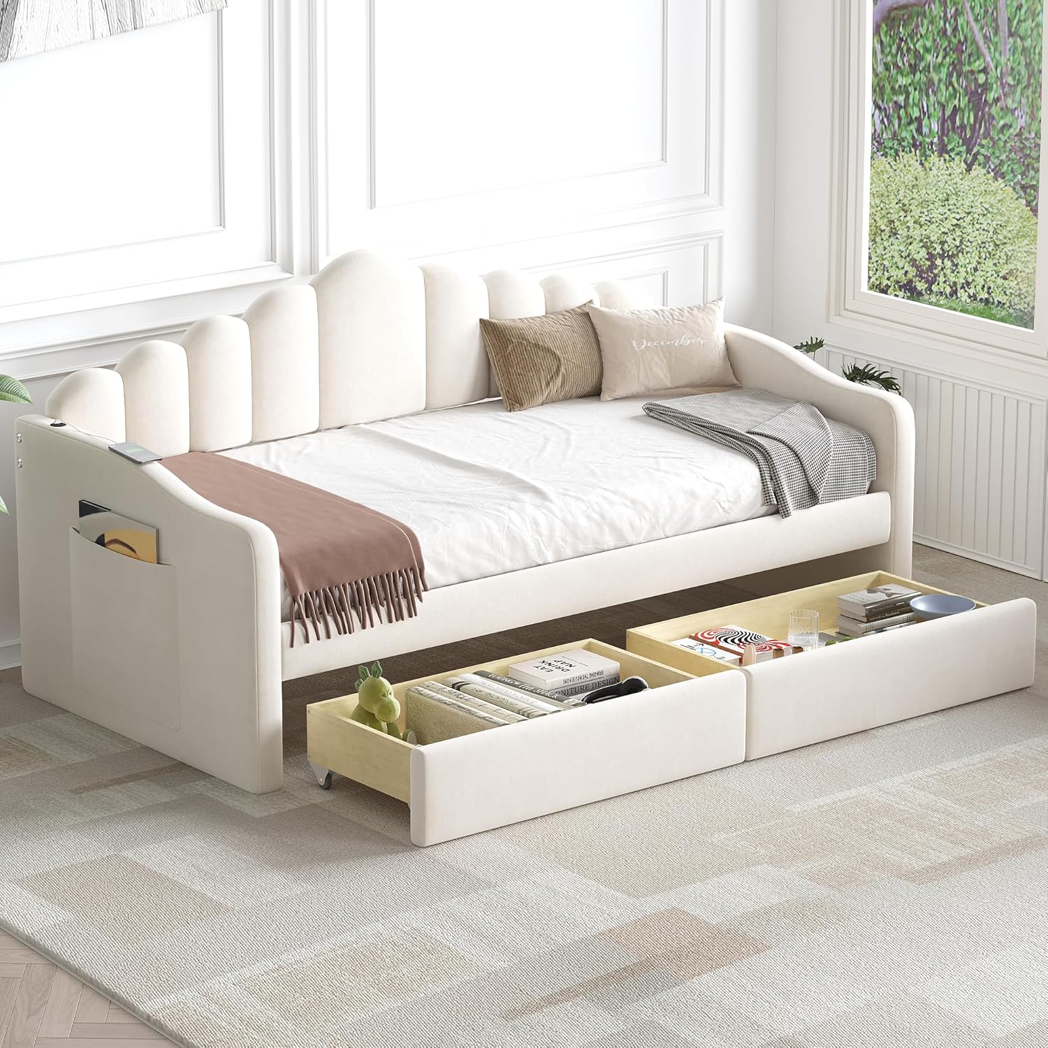 SOFTSEA Upholstered Twin Daybed with Drawers & USB Ports, Velvet ...