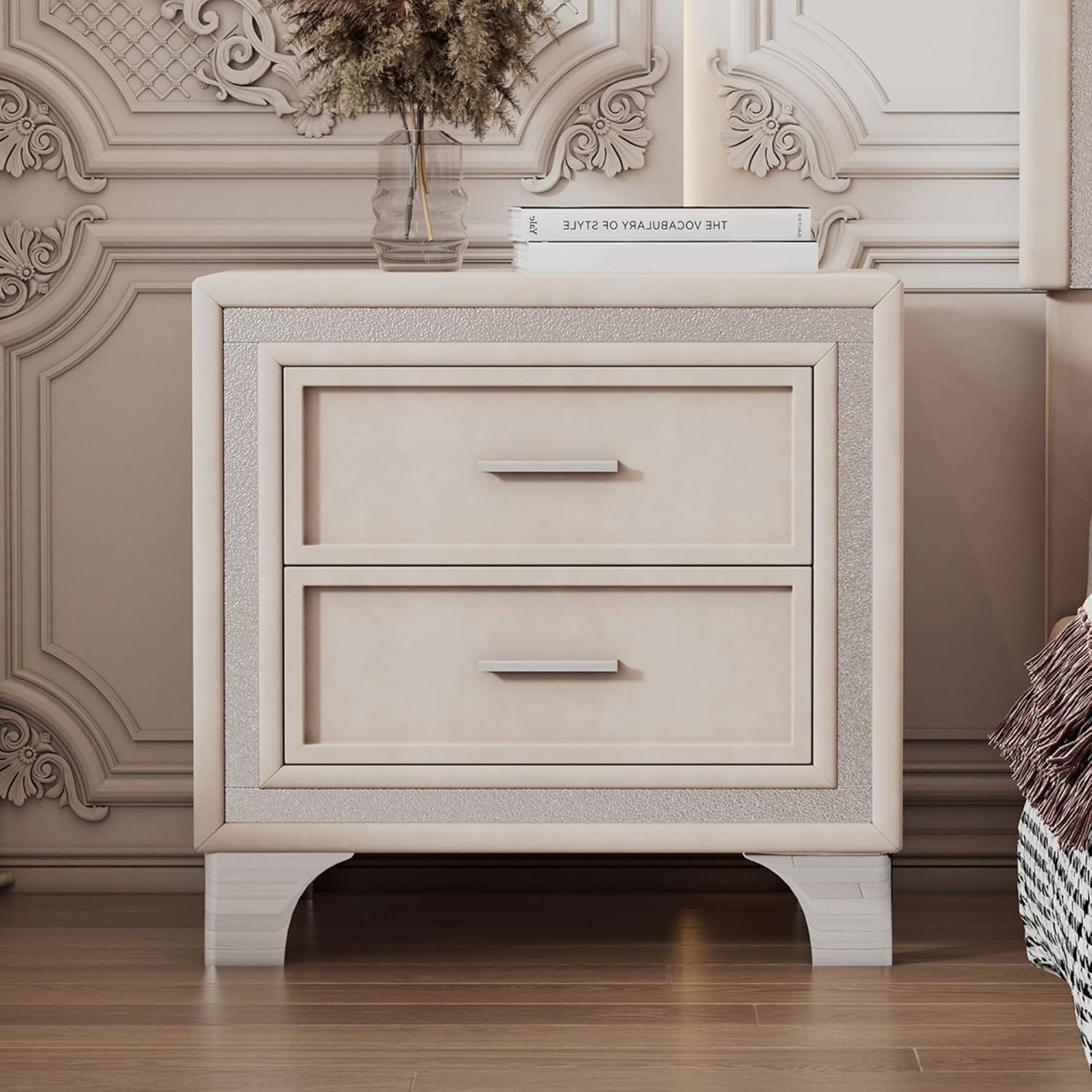 SOFTSEA Velvet Nightstand with 2 Drawers, Modern Upholstered Nightstand ...