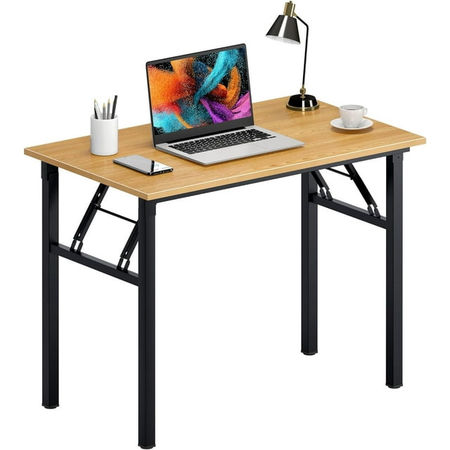 SOGES 39.4 inches Office Home Study Teak & Black Computer Desk with ...