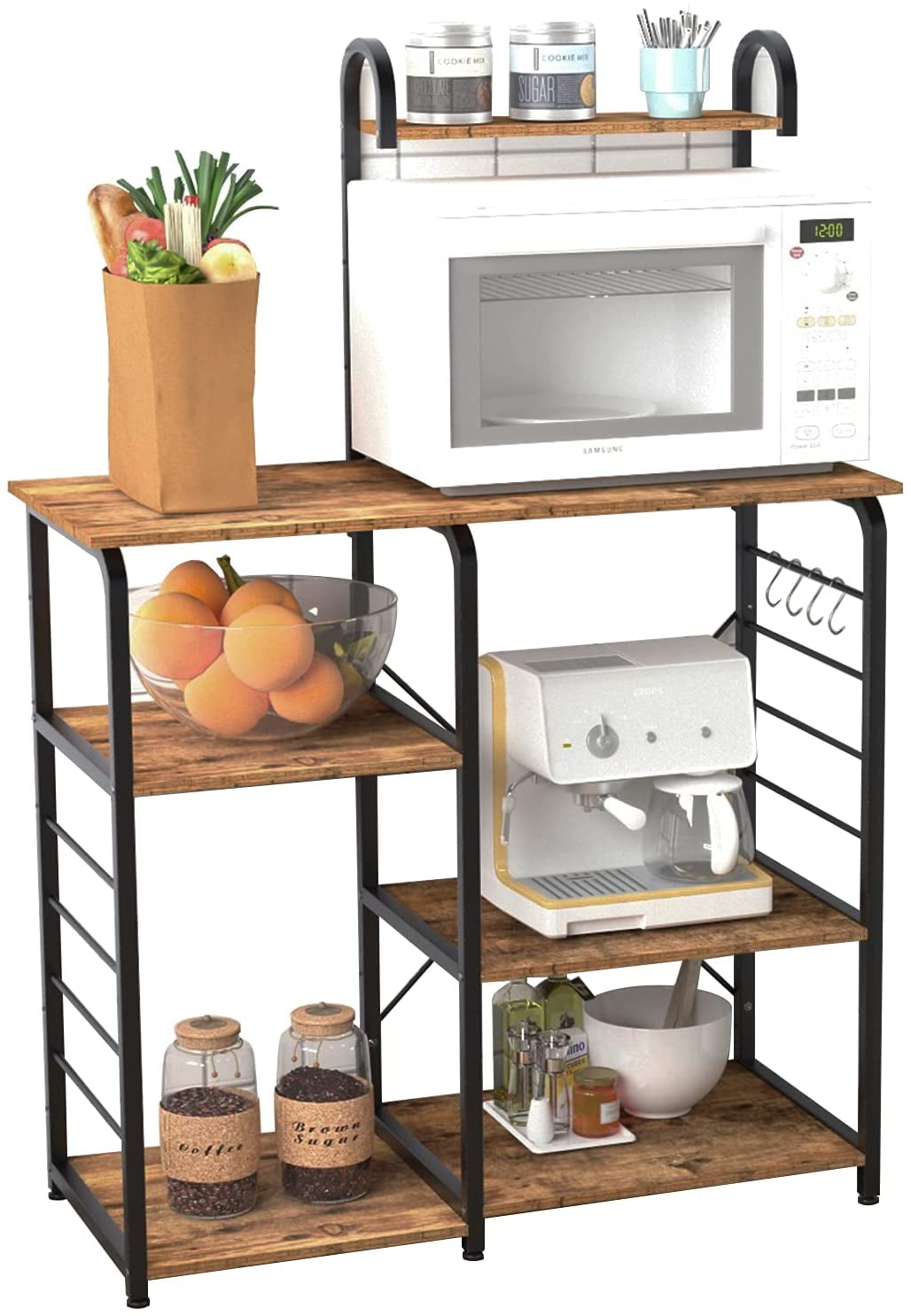 SOGES 4-Tier Kitchen Baker's Rack with 5 Hooks, Metal Shelves, Rustic ...