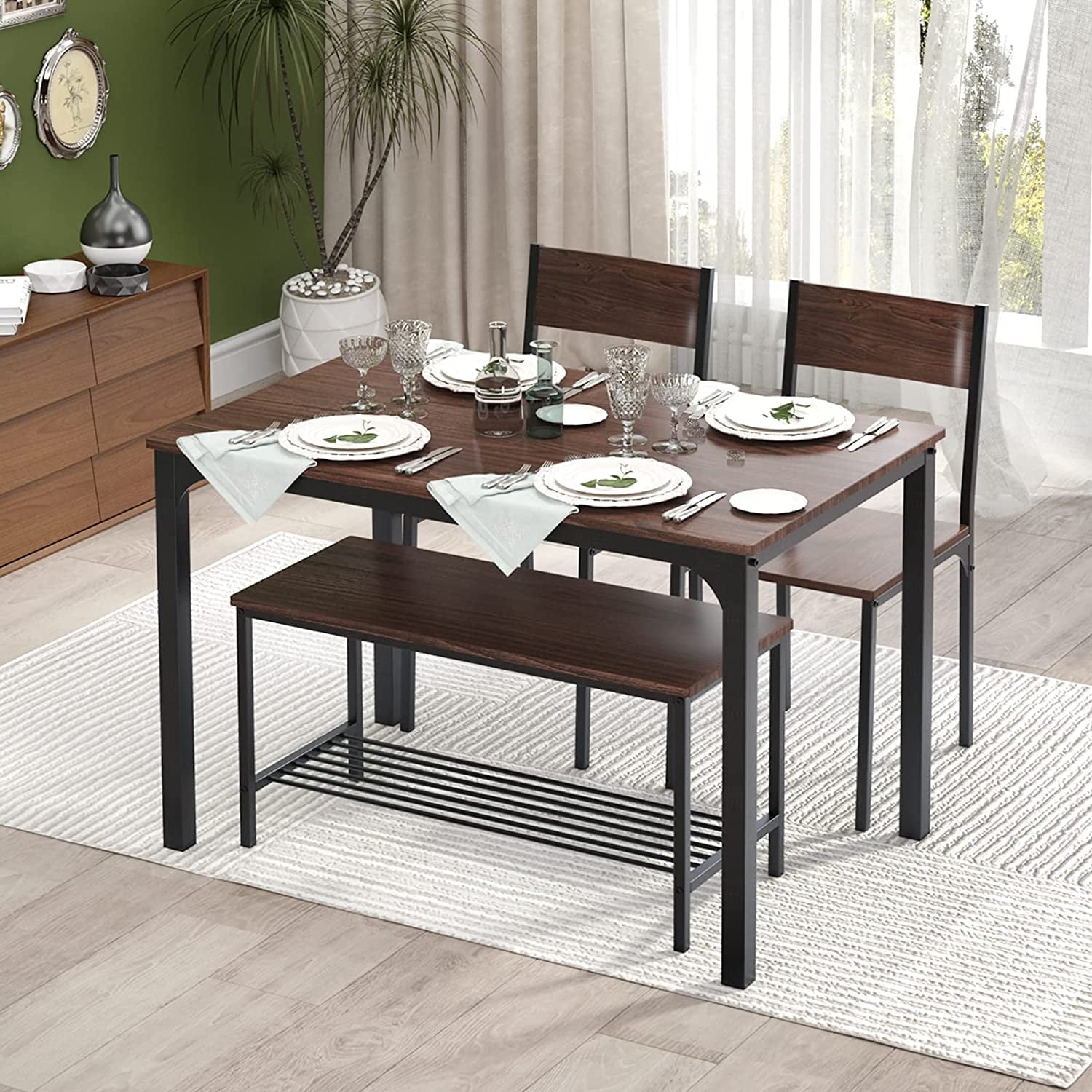 SOGES 5-Piece Wood Kitchen Table Set with 2 Chairs, Bench w/Rack, 43 ...