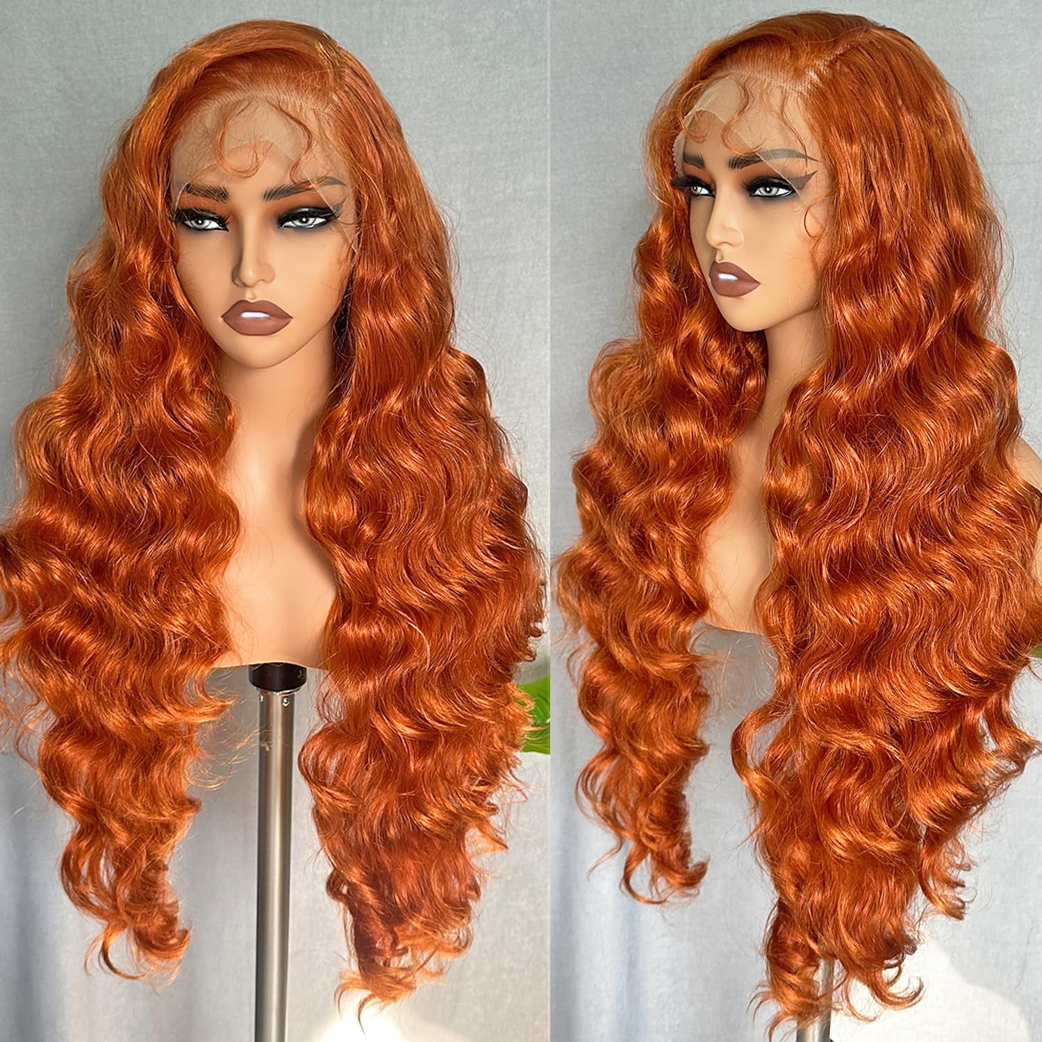 SOKU 13x6 Lace Frontal Wig 32 Inch Ginger Body Wave Synthetic Pre Plucked with Baby Hair ...