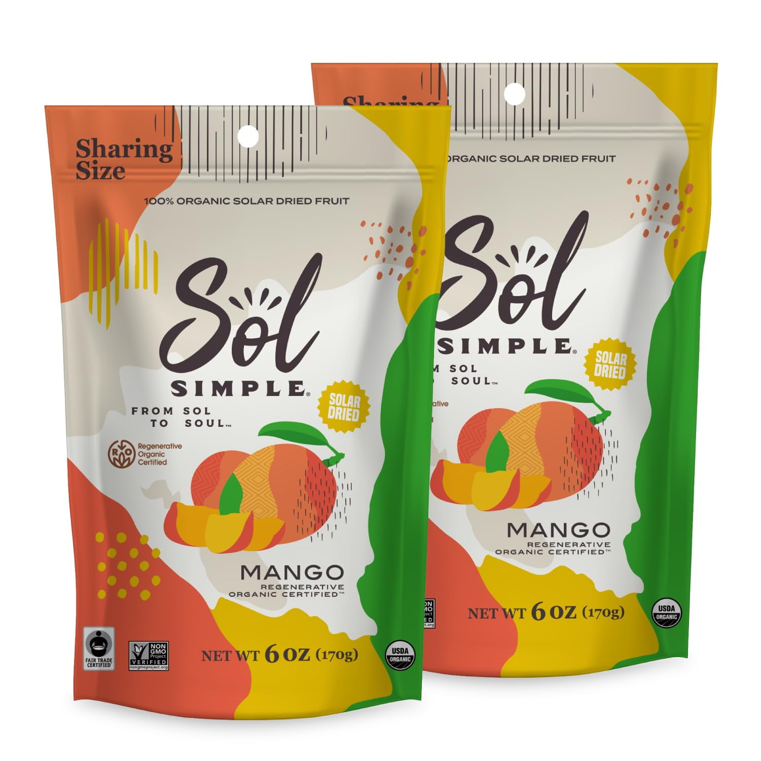 SOL SIMPLE Organic Dried YPF5 Mango | 6oz Snack Pack (2 Bags Total) | One Ingredient | Vegan ...