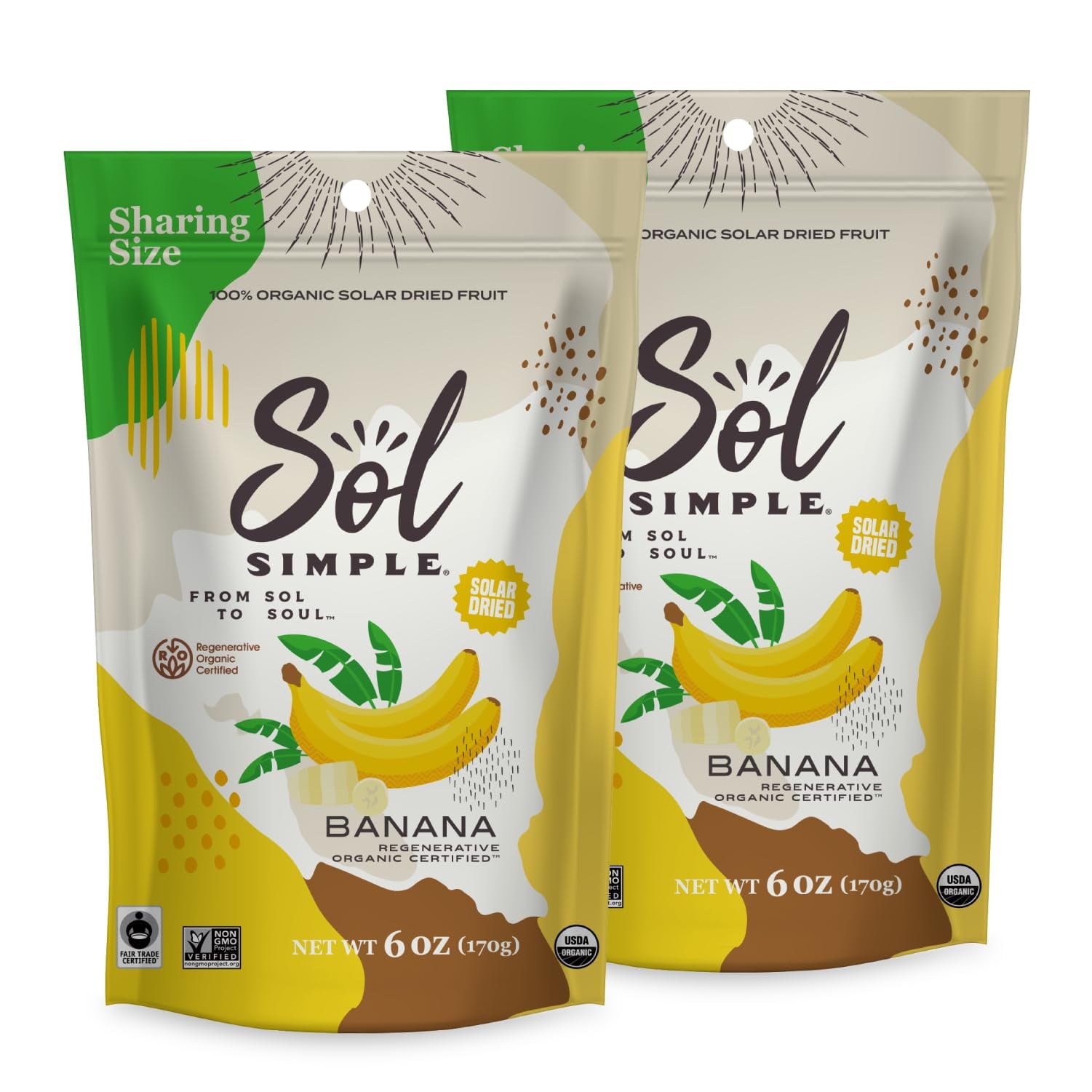 SOL SIMPLE Regenerative Organic YPF5 Certified, Dried Banana | 6oz Snack Pack (2 Bags Total ...