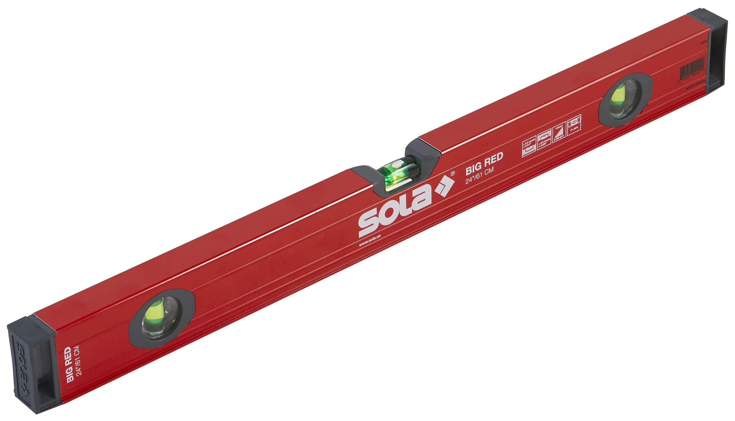 SOLA LSB24 Big Red Aluminum Box Beam Level with 3 60% Magnified Vials ...
