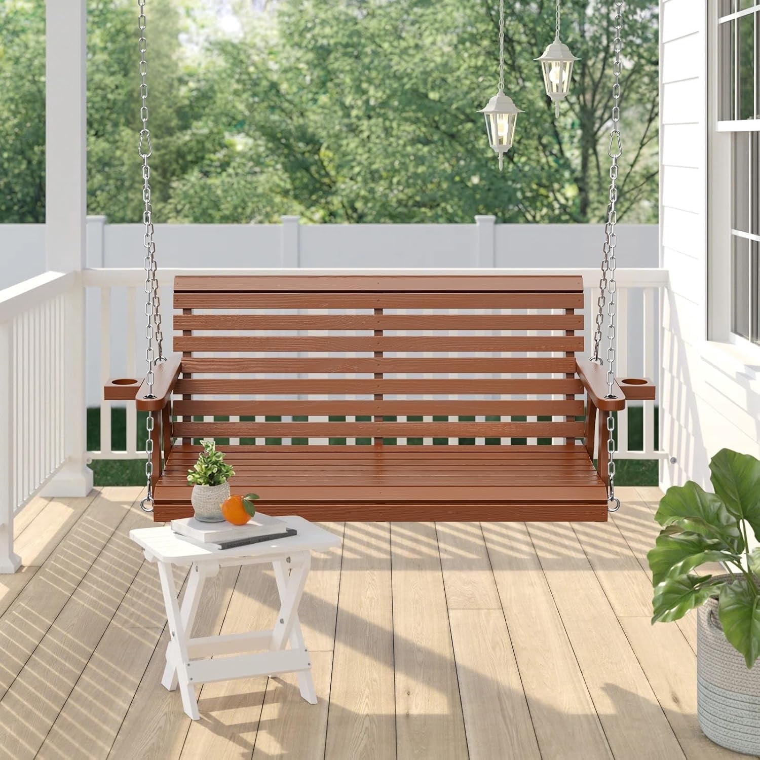 SOLAURA 2 Seat Outdoor Wooden Porch Swing with Cup Holders, Hanging ...