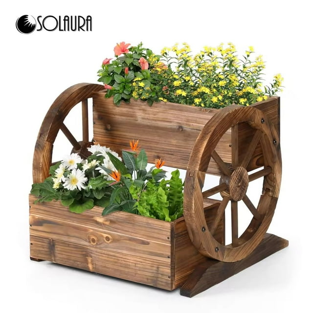 SOLAURA 2 Tier Wooden Wagon Planter Box, Decorative Garden Planter with ...