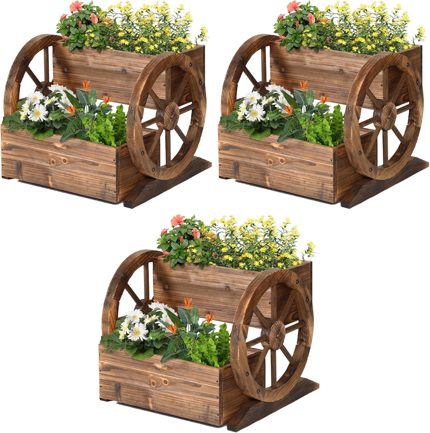 SOLAURA 2 Tier Wooden Wagon Planter Box, Decorative Garden Planter with ...