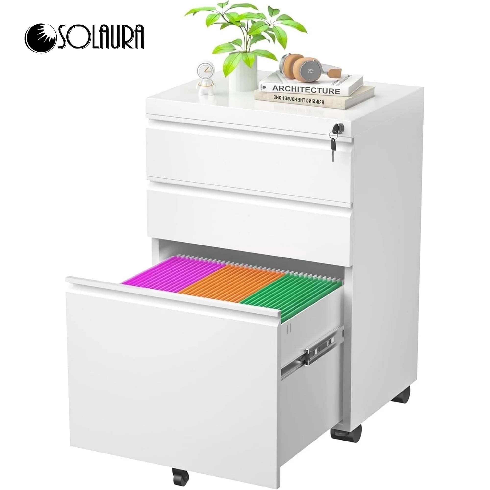SOLAURA 3 Drawer File Cabinet with Wheels & Lock, Metal Rolling File ...