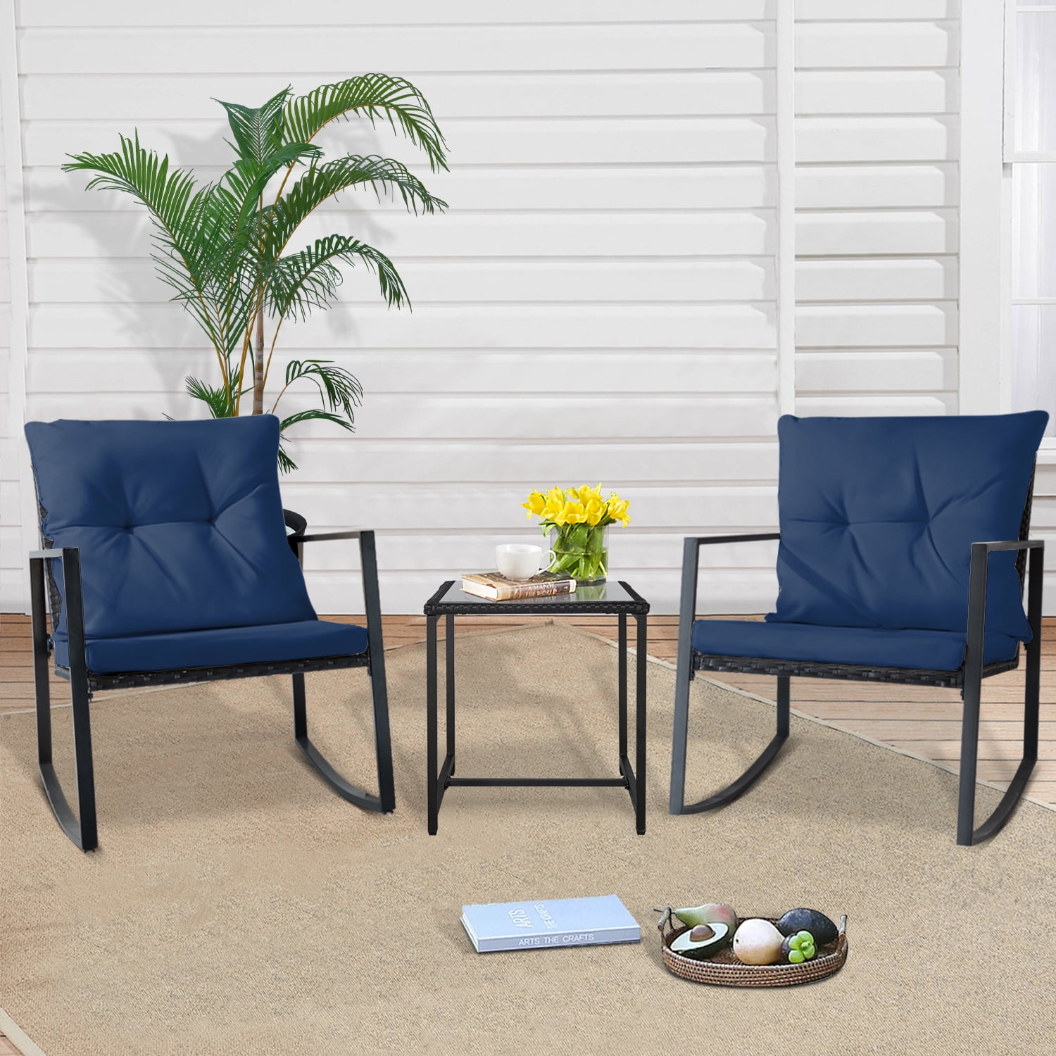 SOLAURA Outdoor Porch Furniture - 3-Piece Patio Set, Black Wicker ...