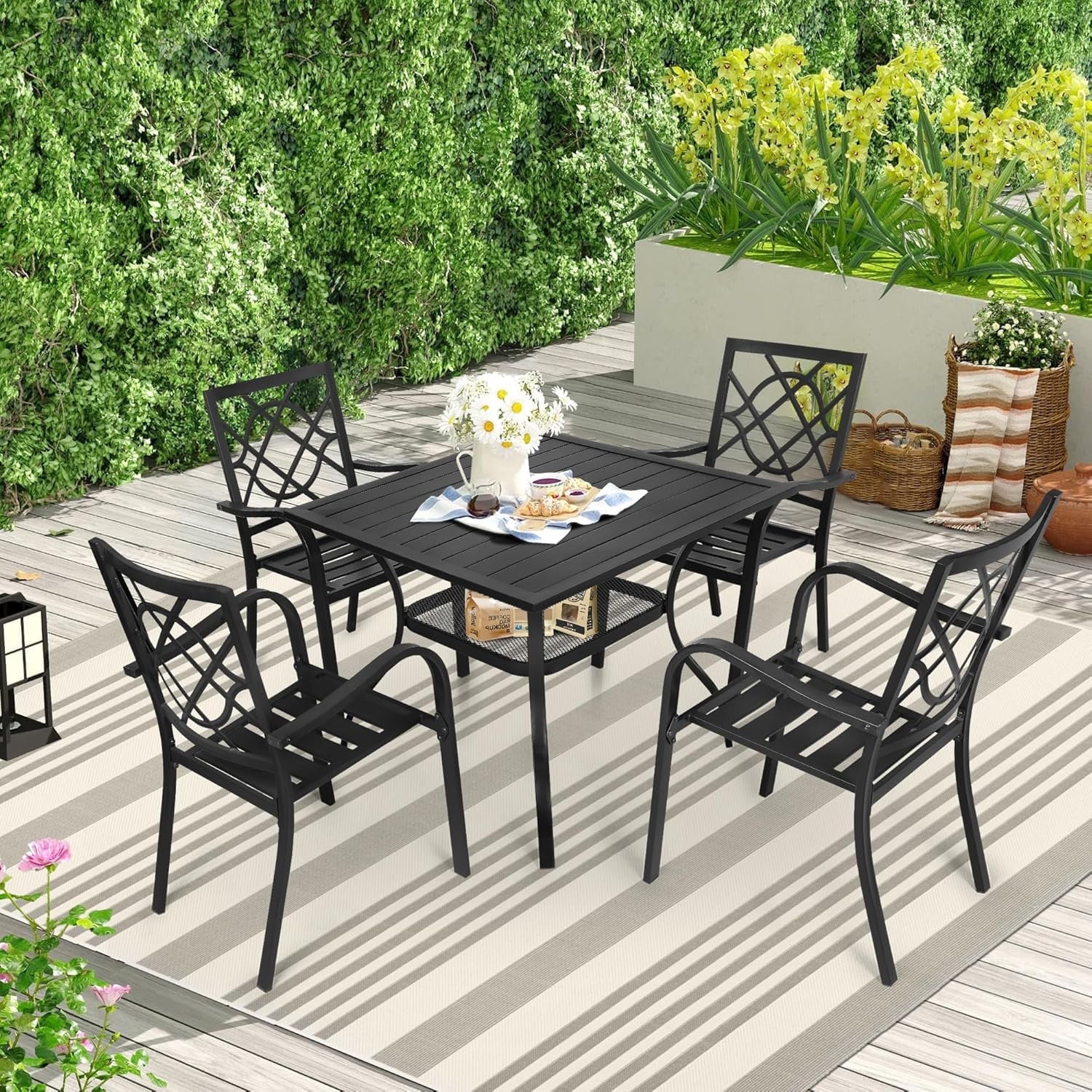 SOLAURA 5-Piece Outdoor Patio Dining Set Metal Square Table and ...