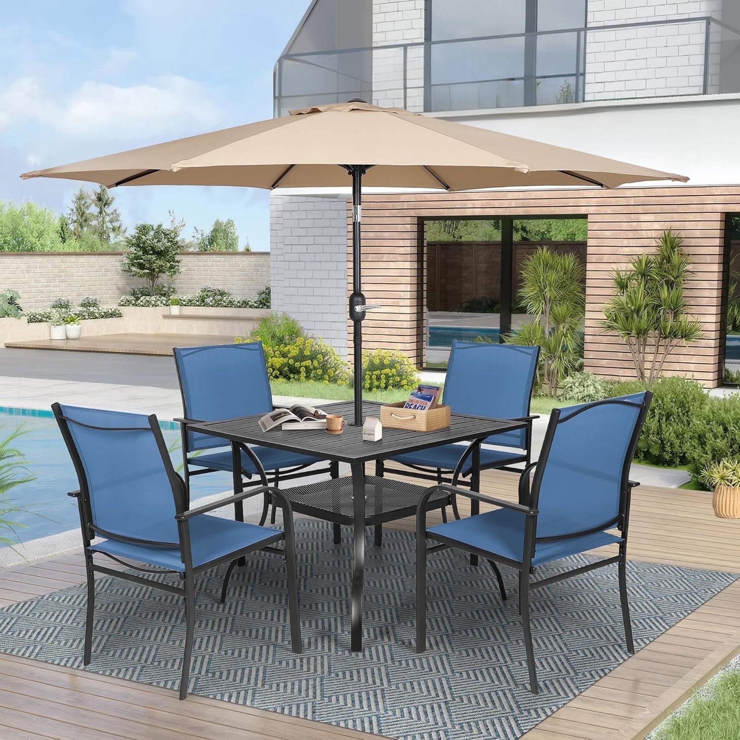 SOLAURA 6-Piece Outdoor Patio Dining Set with Umbrella, Patio Furniture ...