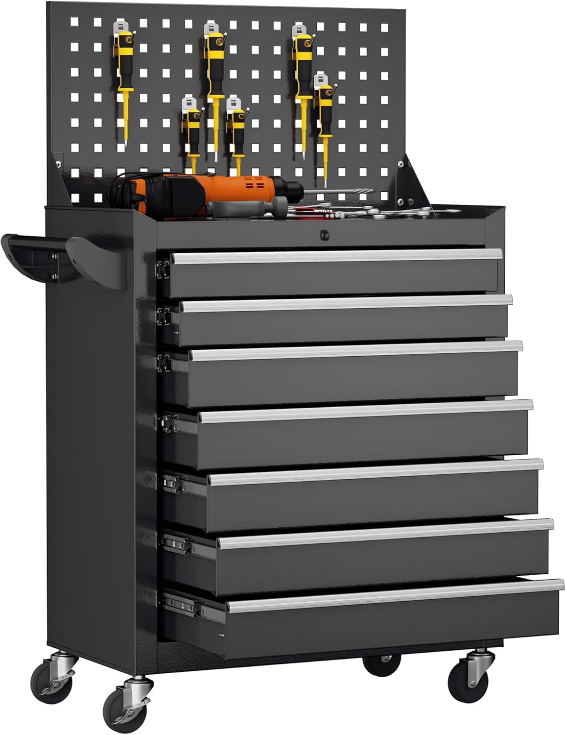 SOLAURA 7-Drawer Rolling Tool Chest with Top Pegboard and Hooks, Metal ...