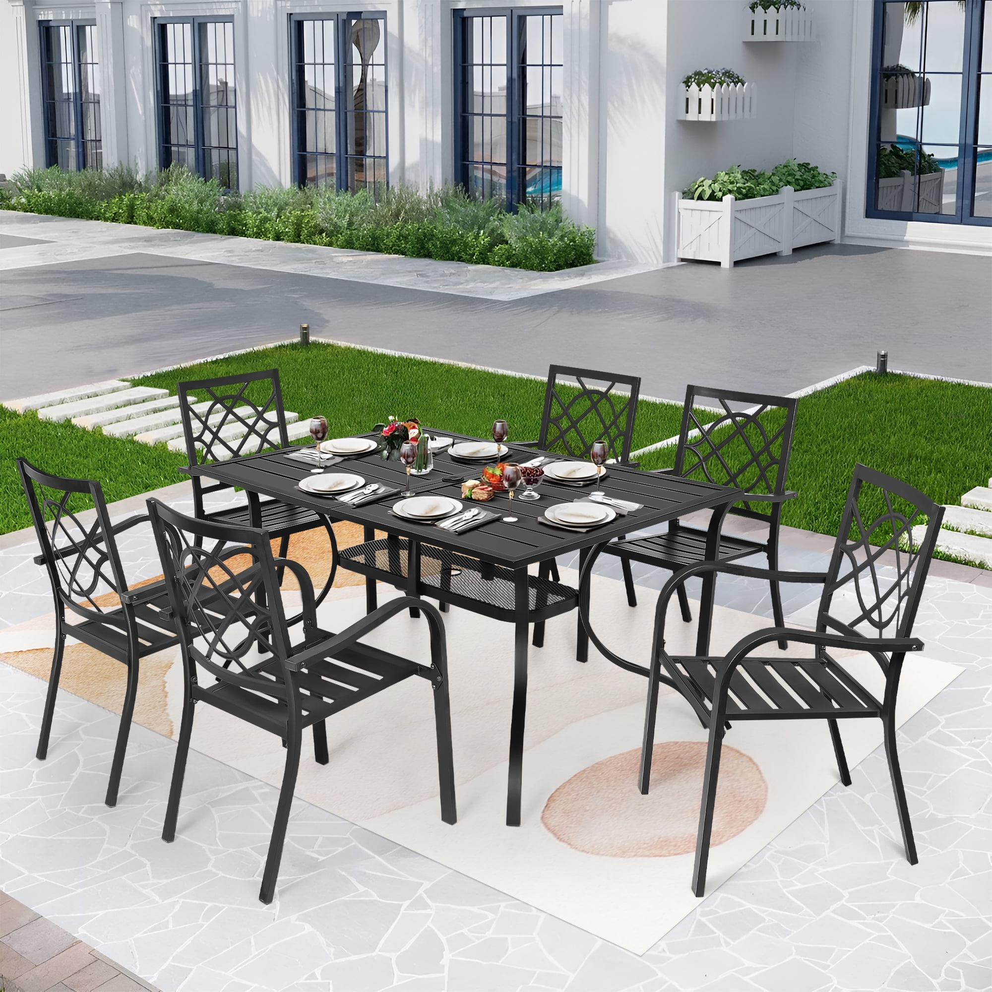 SOLAURA 7-Piece Outdoor Patio Dining Set with Stackable Metal Chairs ...