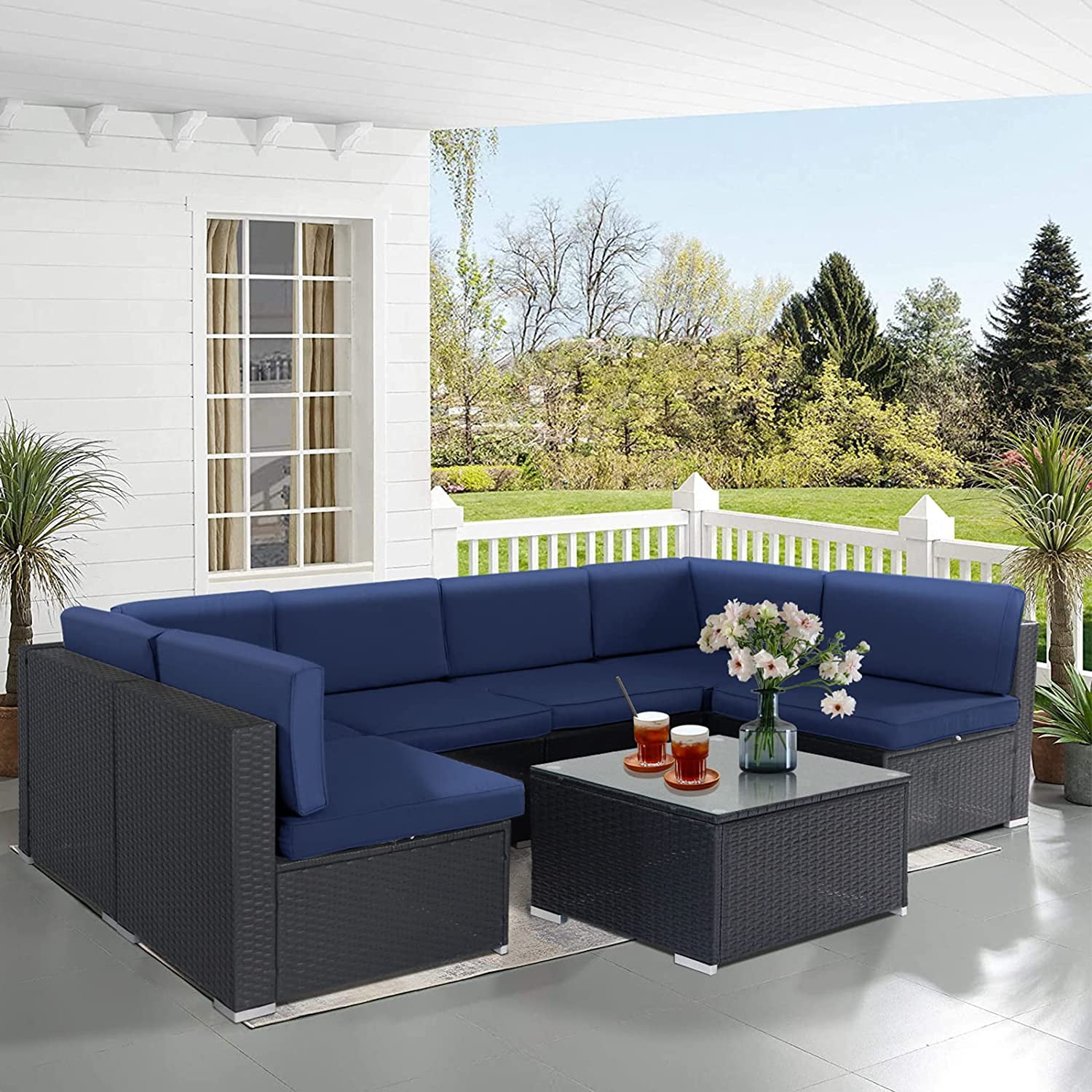 SOLAURA 7-Piece Outdoor Patio Furniture Set, Wicker Rattan Sectional ...