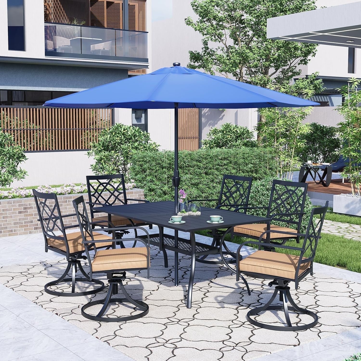 SOLAURA 8-Piece Outdoor Patio Dining Set with Umbrella, Metal Swivel ...
