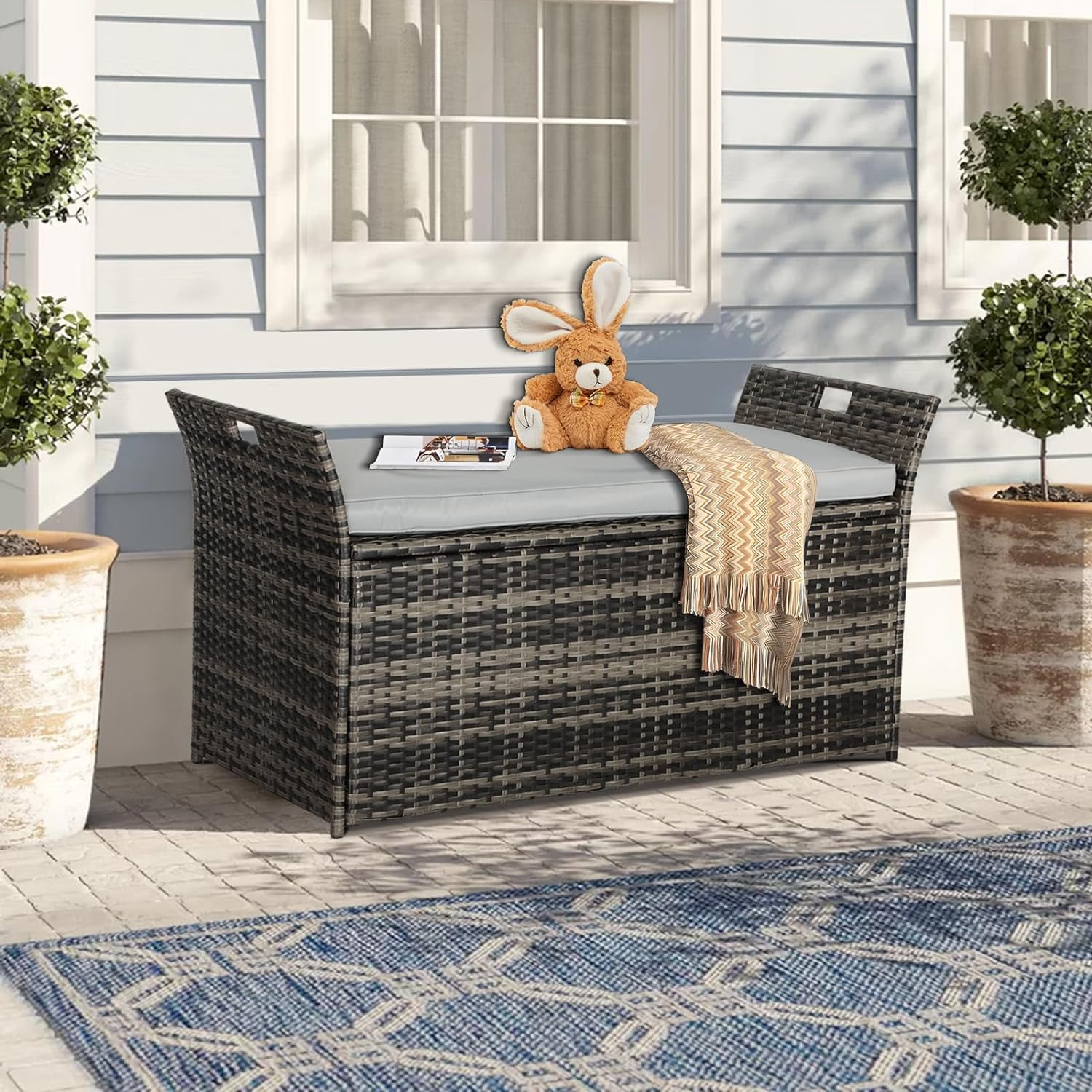 SOLAURA 90 Gallon Patio Wicker Storage Bench w/Cushion, Outdoor Rattan ...