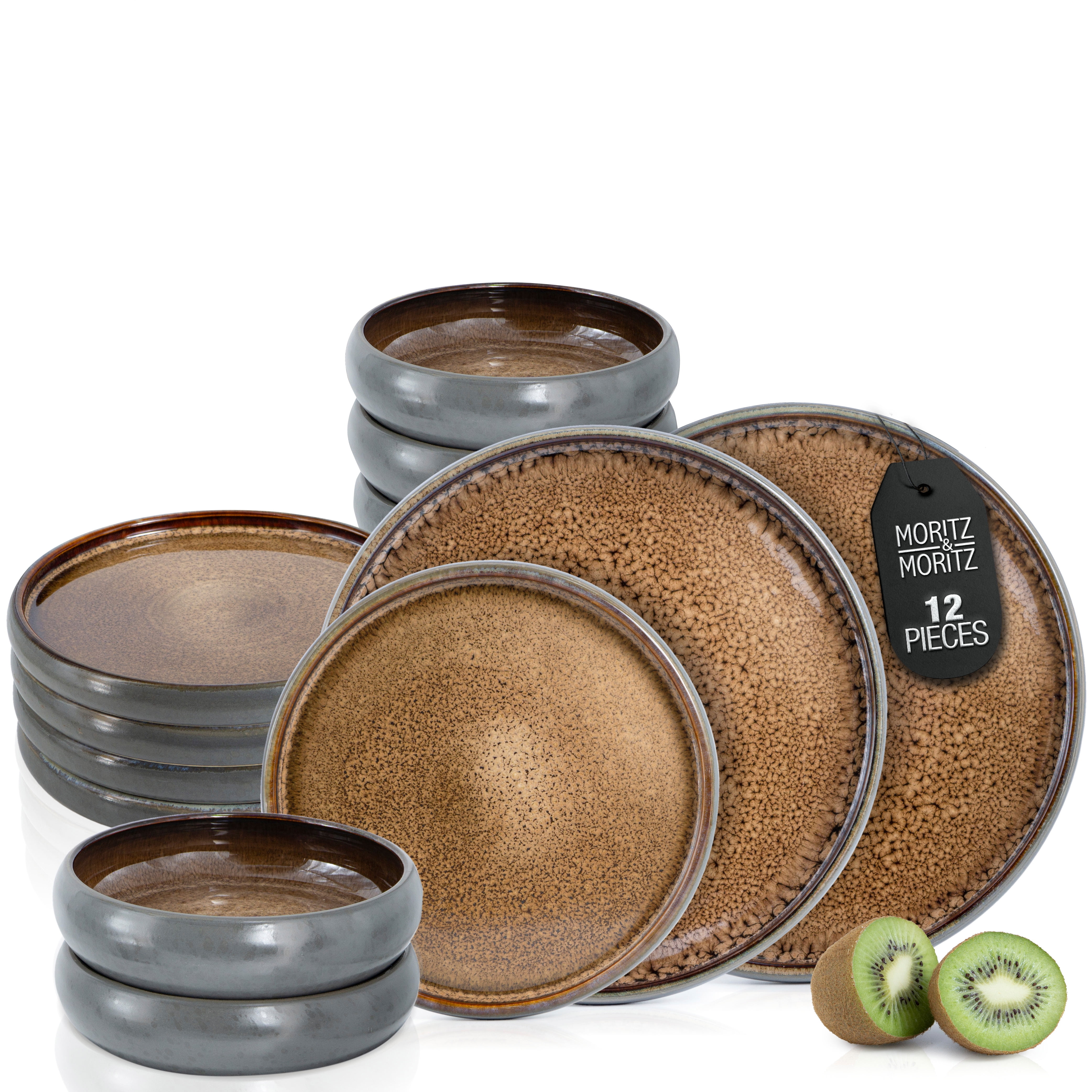 Solid 12-Piece Stoneware Dinnerware Set – Durable, Elegant Plates Bowls ...