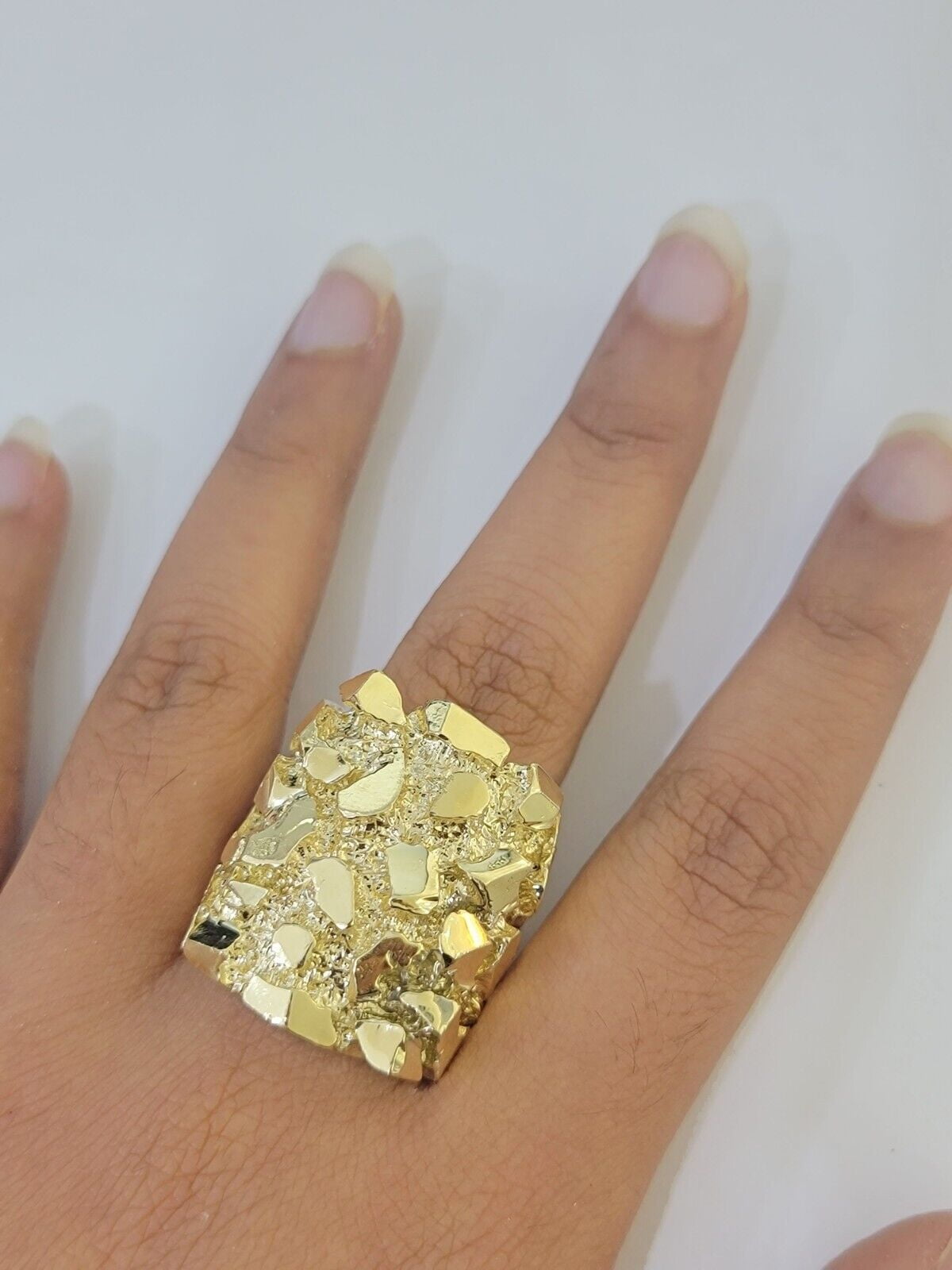 SOLID Heavy 10k Real yellow Gold Nugget Ring men casual Rectangle gold ...