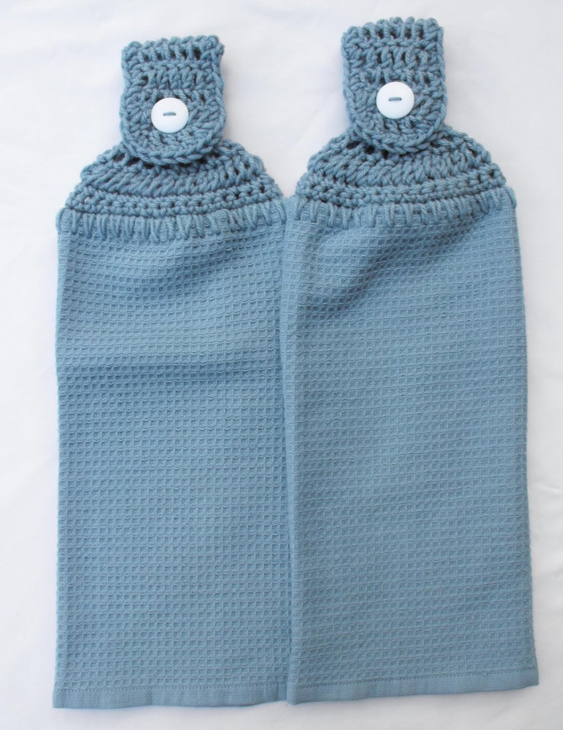 SOLID TERRY CLOTH TOWELS - 2 CROCHET TOP HANGING KITCHEN TOWELS (AZURE ...