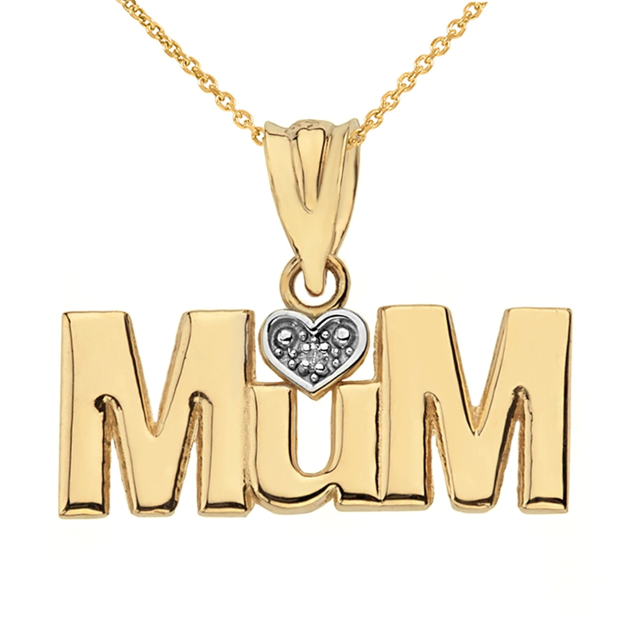 SOLID YELLOW GOLD RHODIUM HEART DIAMOND MUM PENDANT NECKLACE : 14K ...