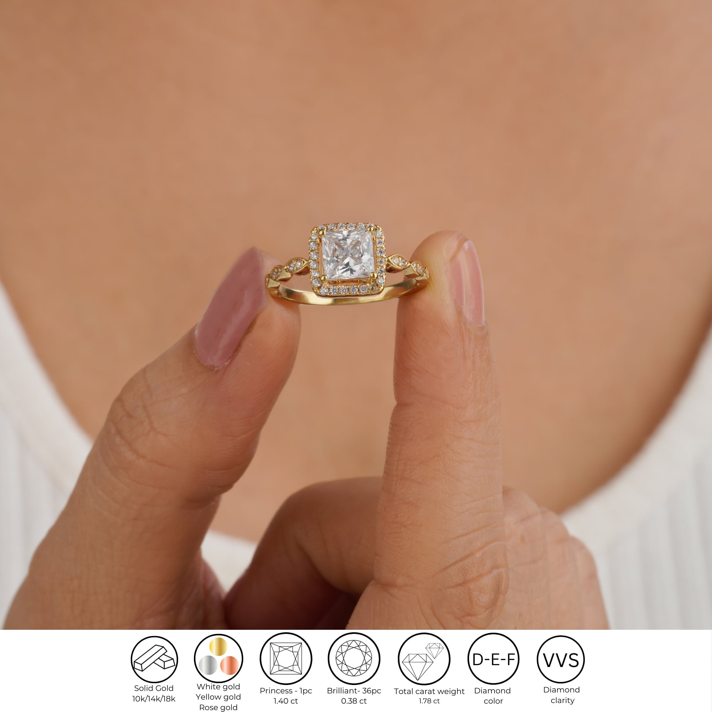 SOLITAIRE JEWELS Exquisite Halo Princess Cut Diamond Engagement Ring/ 1.40Ct Diamond Ring ...