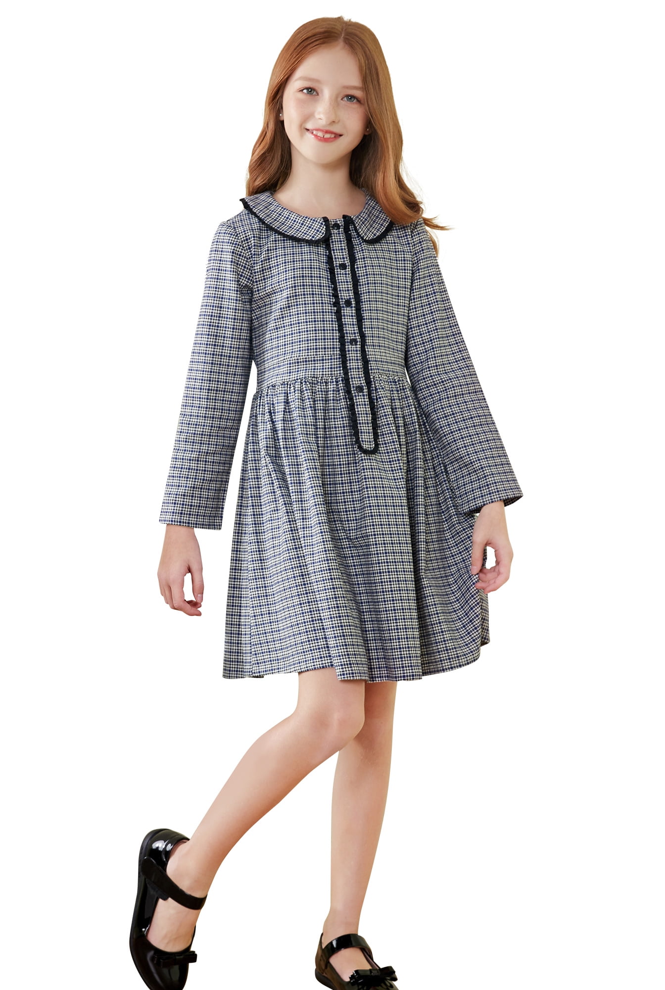 SOLOCOTE Girls Plaid Cotton Long Sleeve Peter Pan Classic Vintage ...