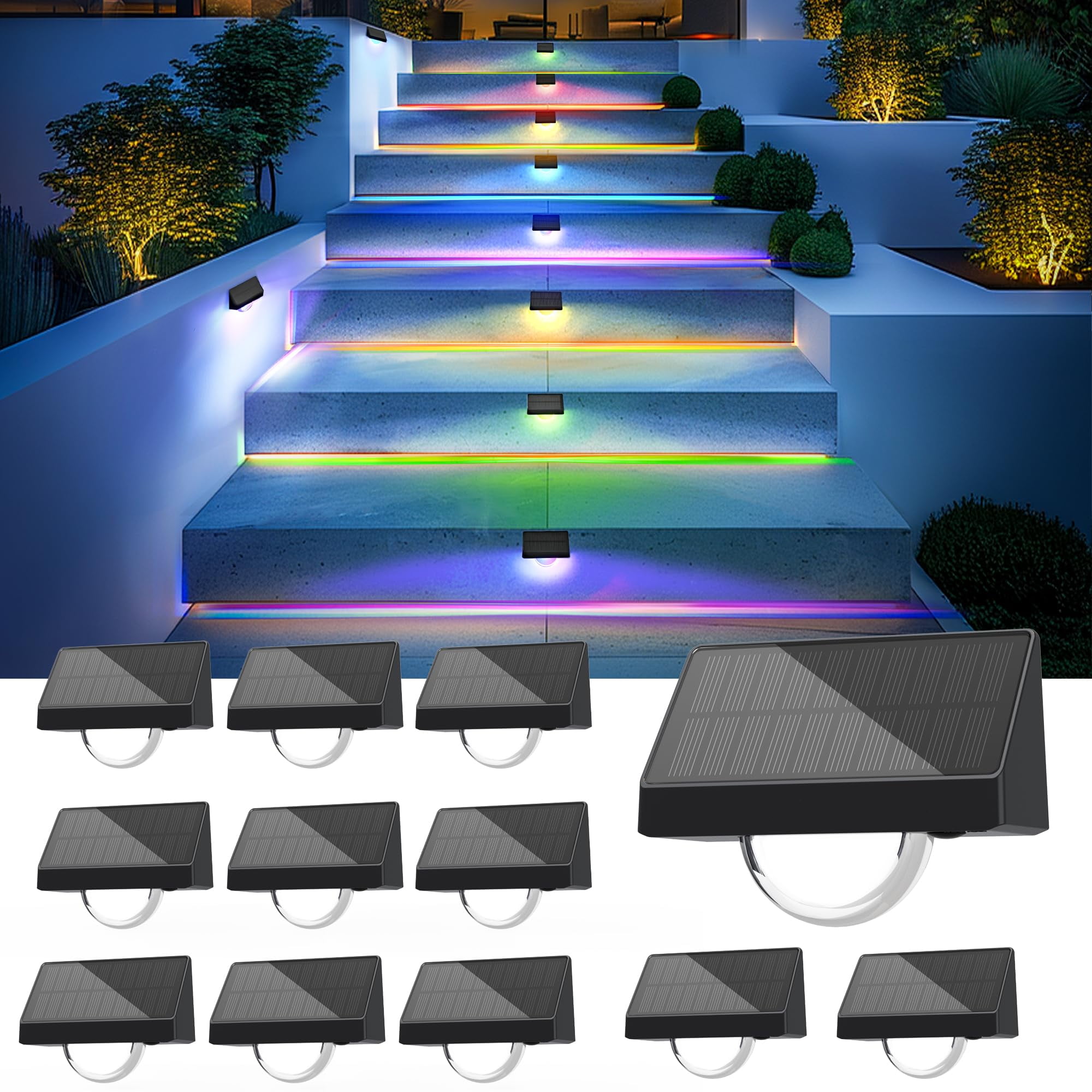SOLPEX Solar Stair Lights Outdoor Waterproof, Solar Step Lights for Outside with 8 Fixed Colors ...