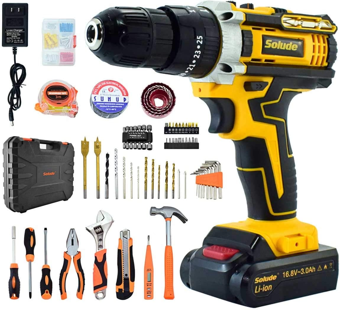 SOLUDE 16.8V Cordless Drill Set with 124-Piece Home Repair Tool Kit, 2 ...