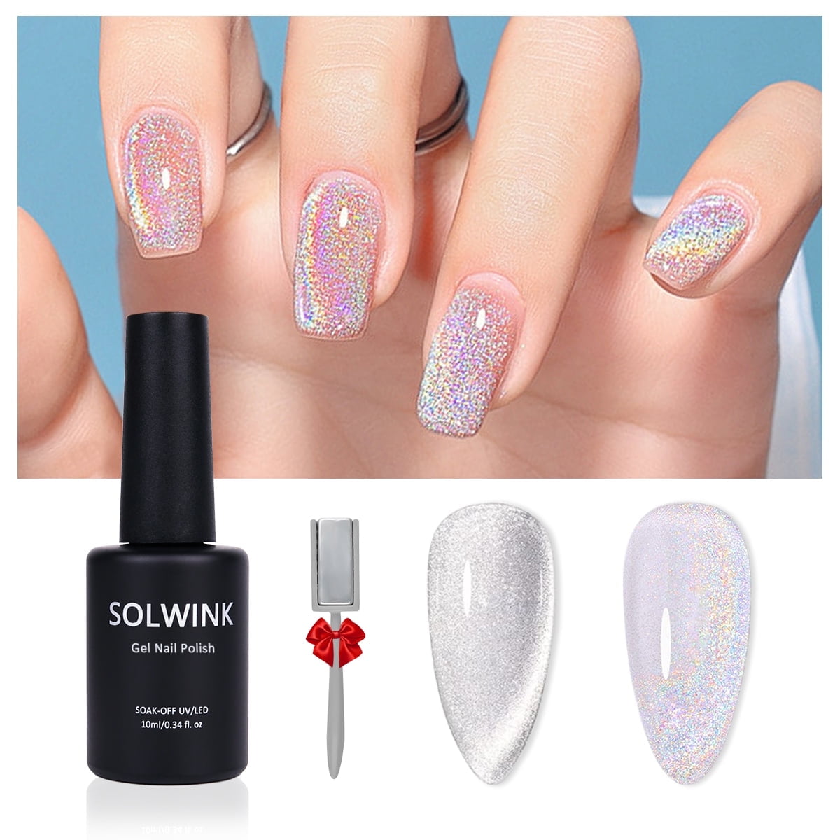 SOLWINK Silver Rainbow Cat Eye Gel Nail Polish Set Multi-functional Magic Gel Safe for Natural ...
