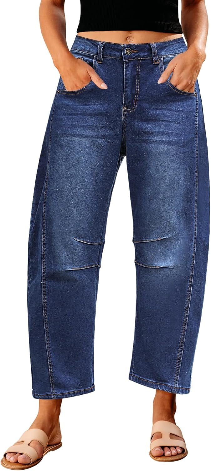 SOMER Barrel Jeans for Women Trendy High Waisted Wide Leg Baggy Cropped Relax Fit Stretch Denim ...