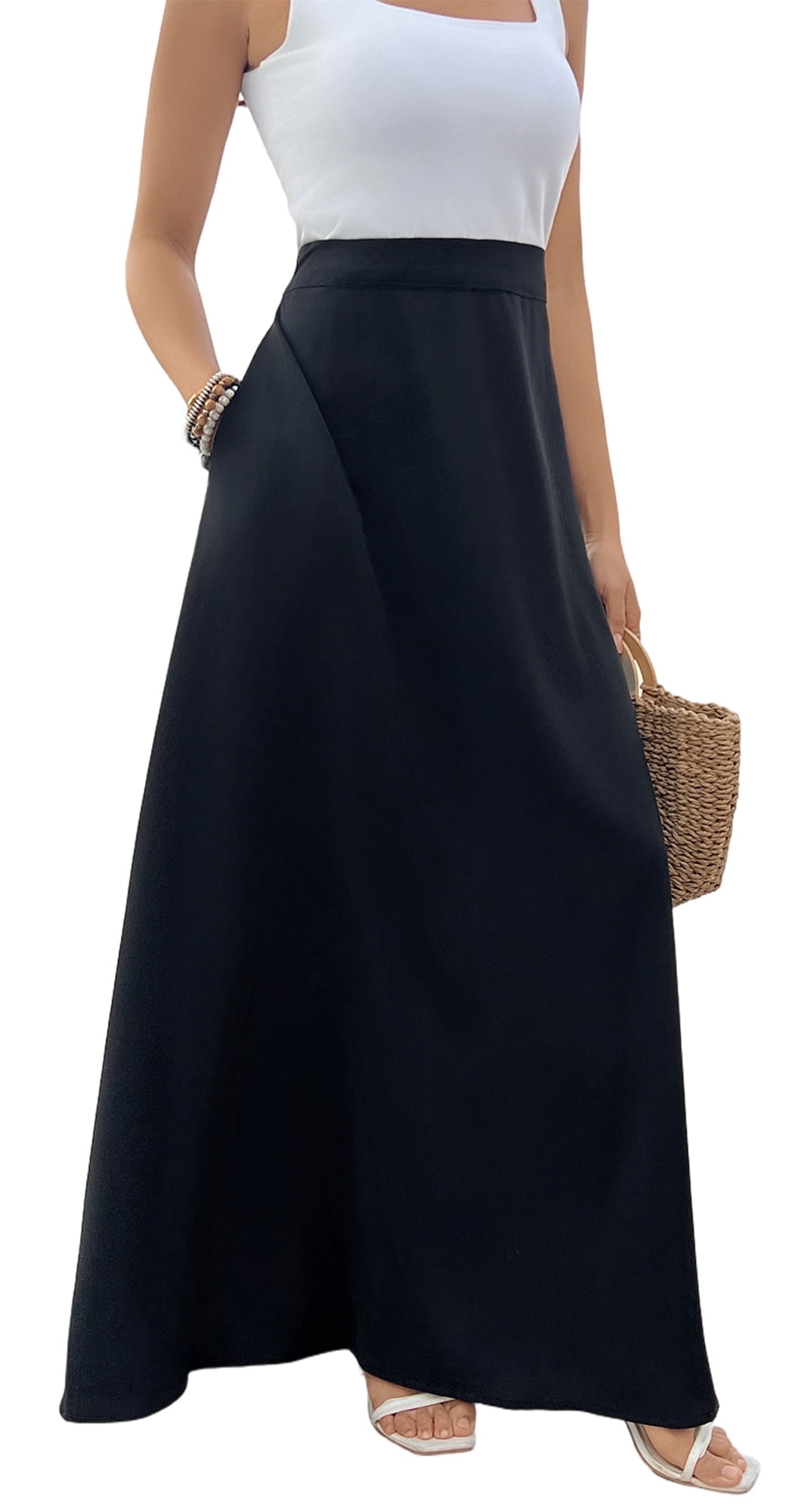 SOMER Boho Skirts for Women, Black Pleated A-Line Midi Skirt with ...