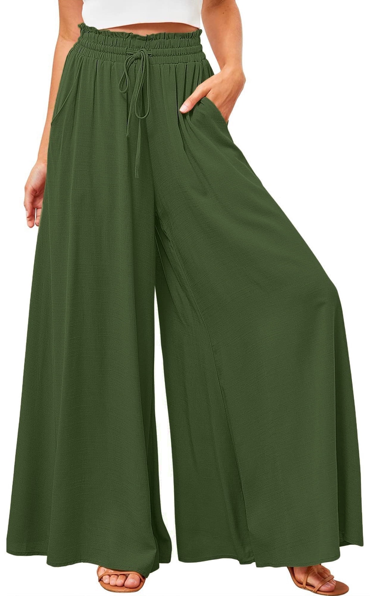 SOMER Elastic High Waist Palazzo Pants, Flowy Dress Pants with Pockets ...