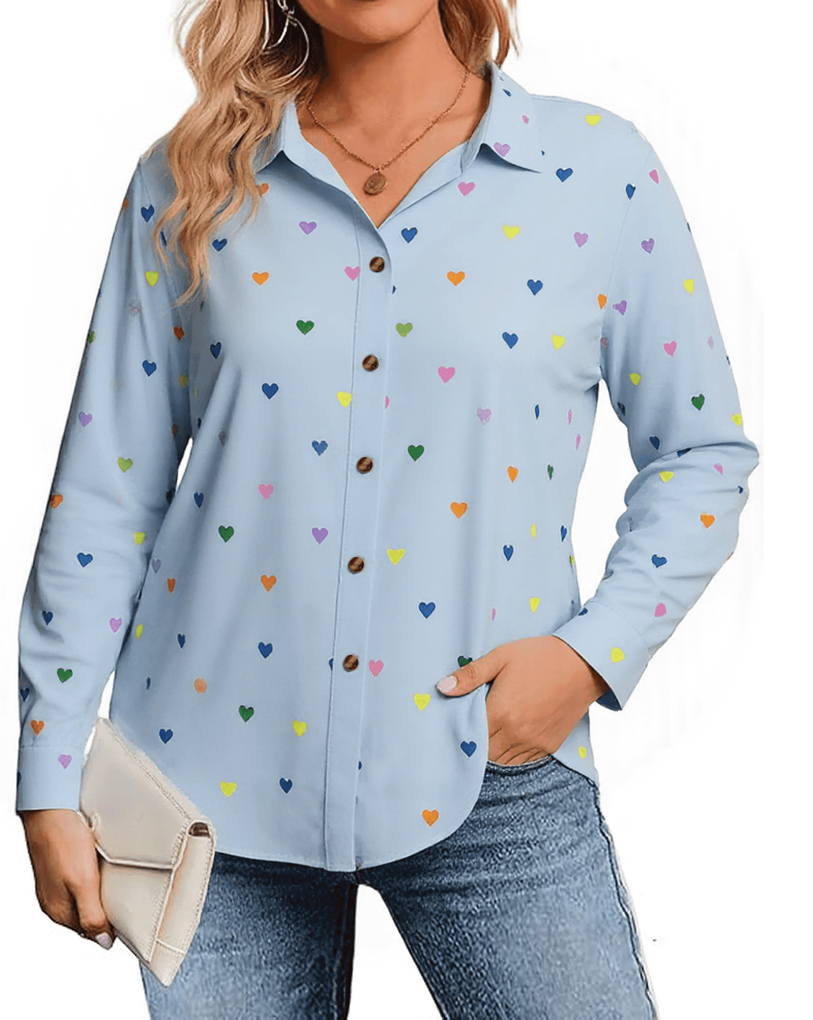 SOMER Woman Blouses Plus Size Heart Print Long Sleeve Tops Button Down Shirts Collared Neck Blue ...