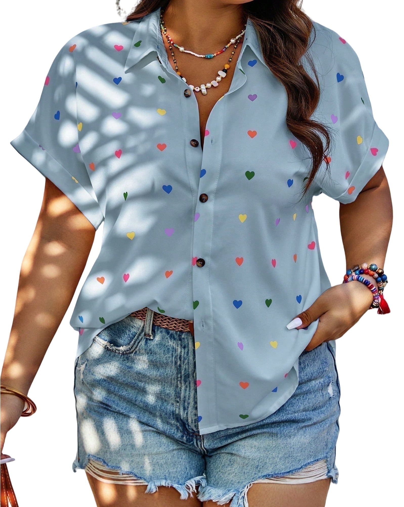 SOMER Woman Blouse Plus Size Short Sleeve Casual Tops Heart Print Button Down Shirts For Women ...
