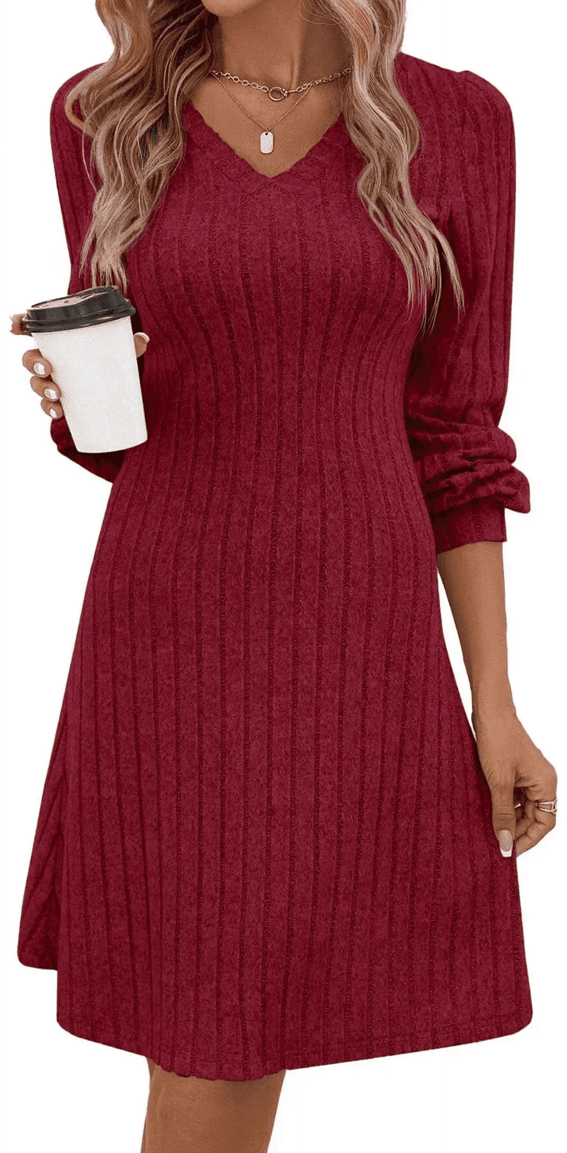 SOMER Women Dresses, V Neck Long Sleeve A-Line Pullover Midi Dress ...