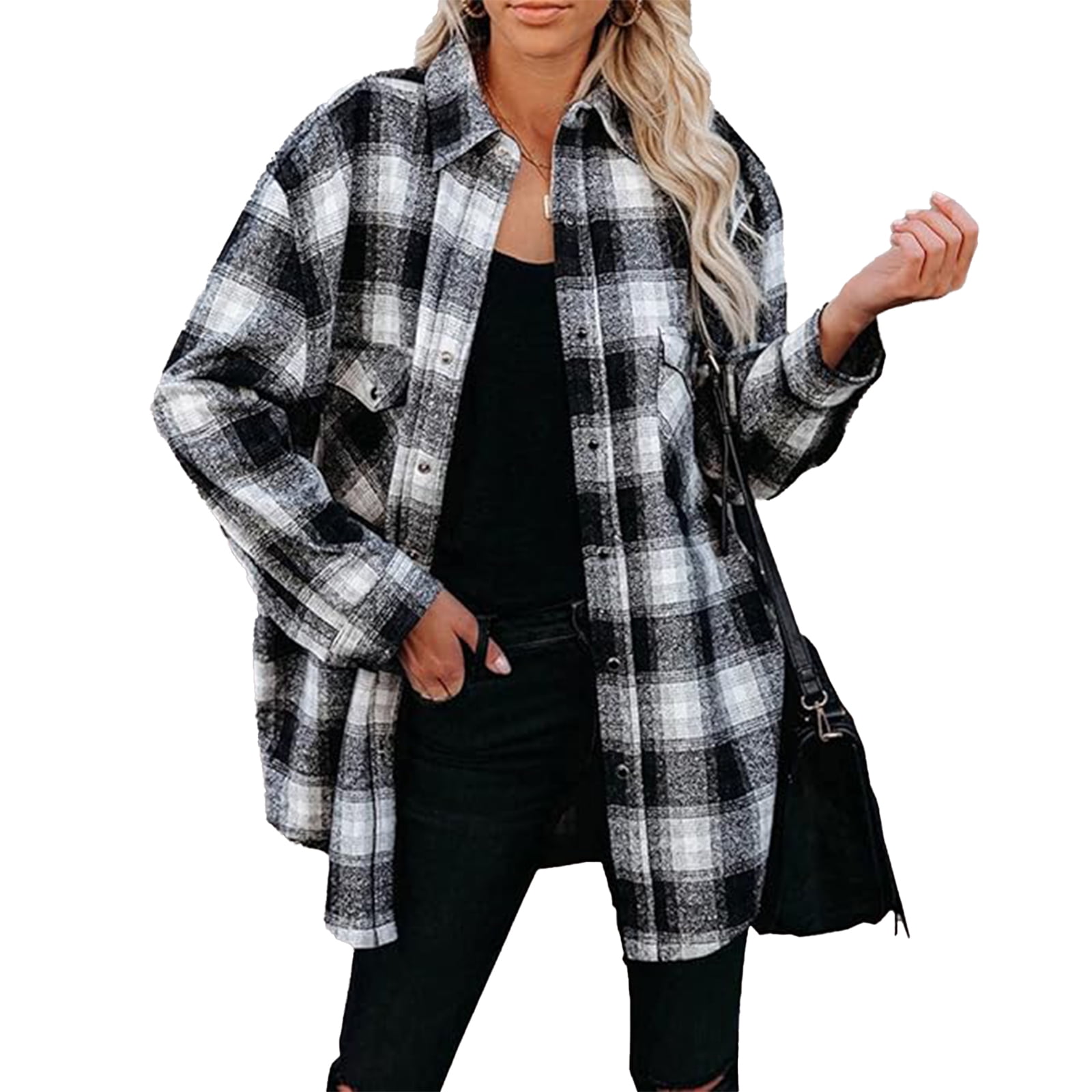 SOMER Women‘s Plaid Shirt Flannel Checked Pattern Lapel Long Sleeve ...