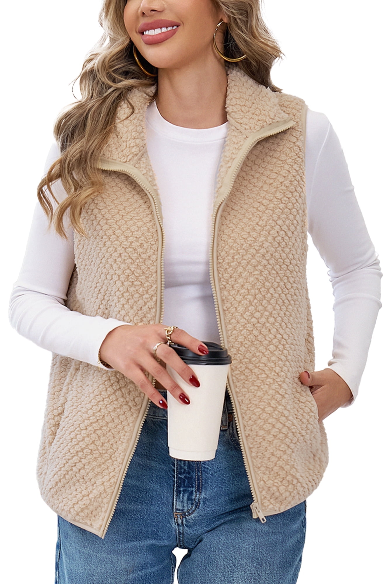 SOMER Women's Cozy Fuzzy Fleece Vest Sherpa Sleeveless Zipper Jacket ...