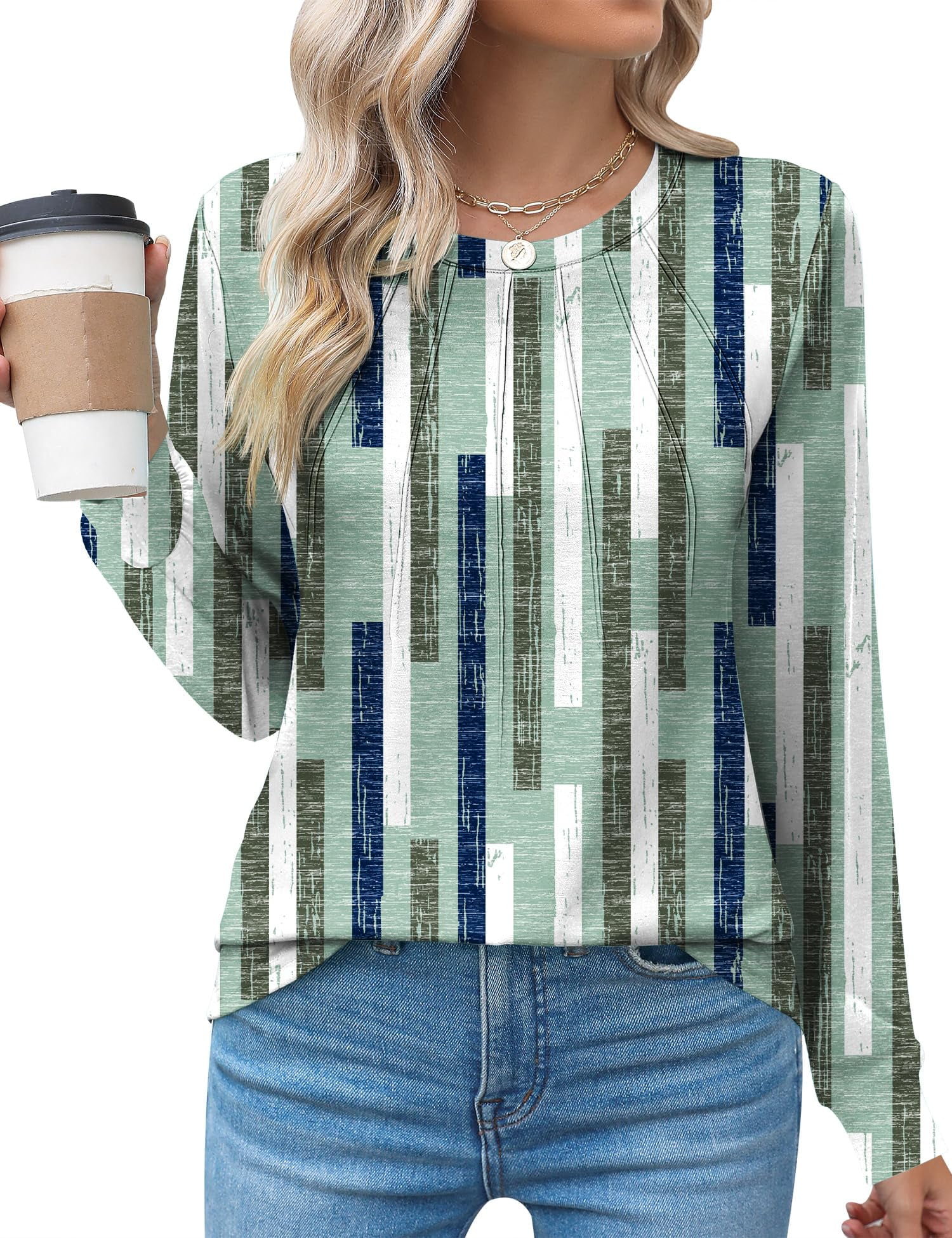SOMER Women's Long Sleeve Tops Crew Neck Pleated Dressy Casual Blouses ...