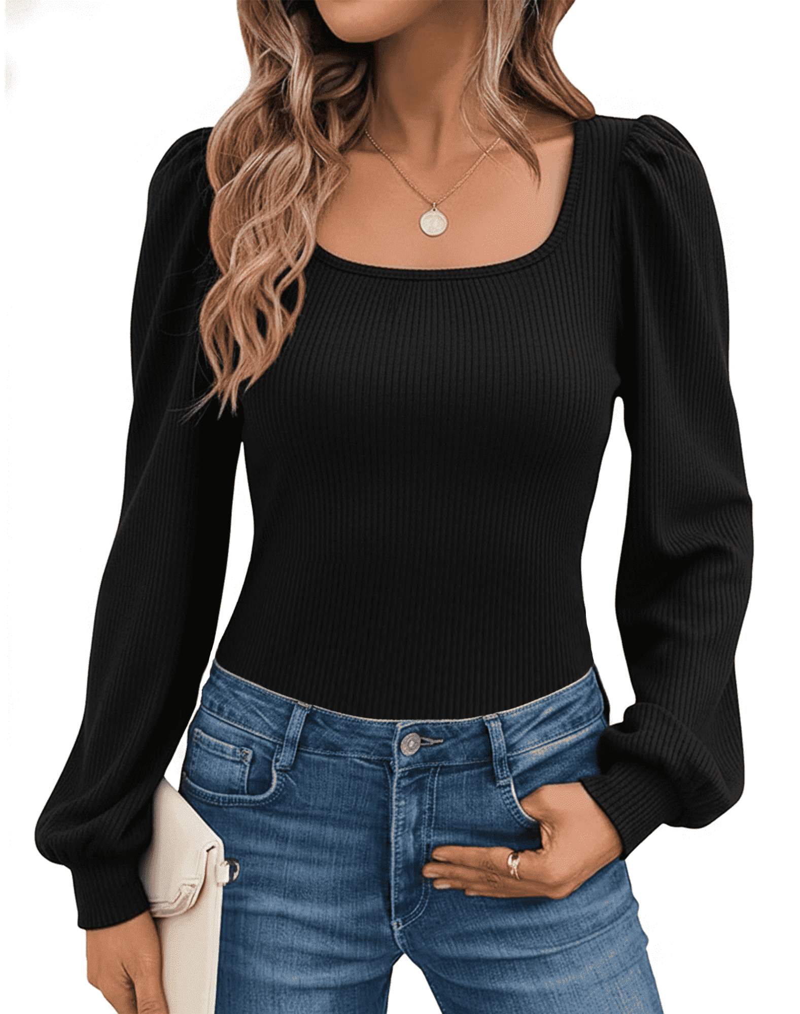 SOMER Womens Tops Long Sleeve Shirt Sexy Square Neck Puff Sleeves ...