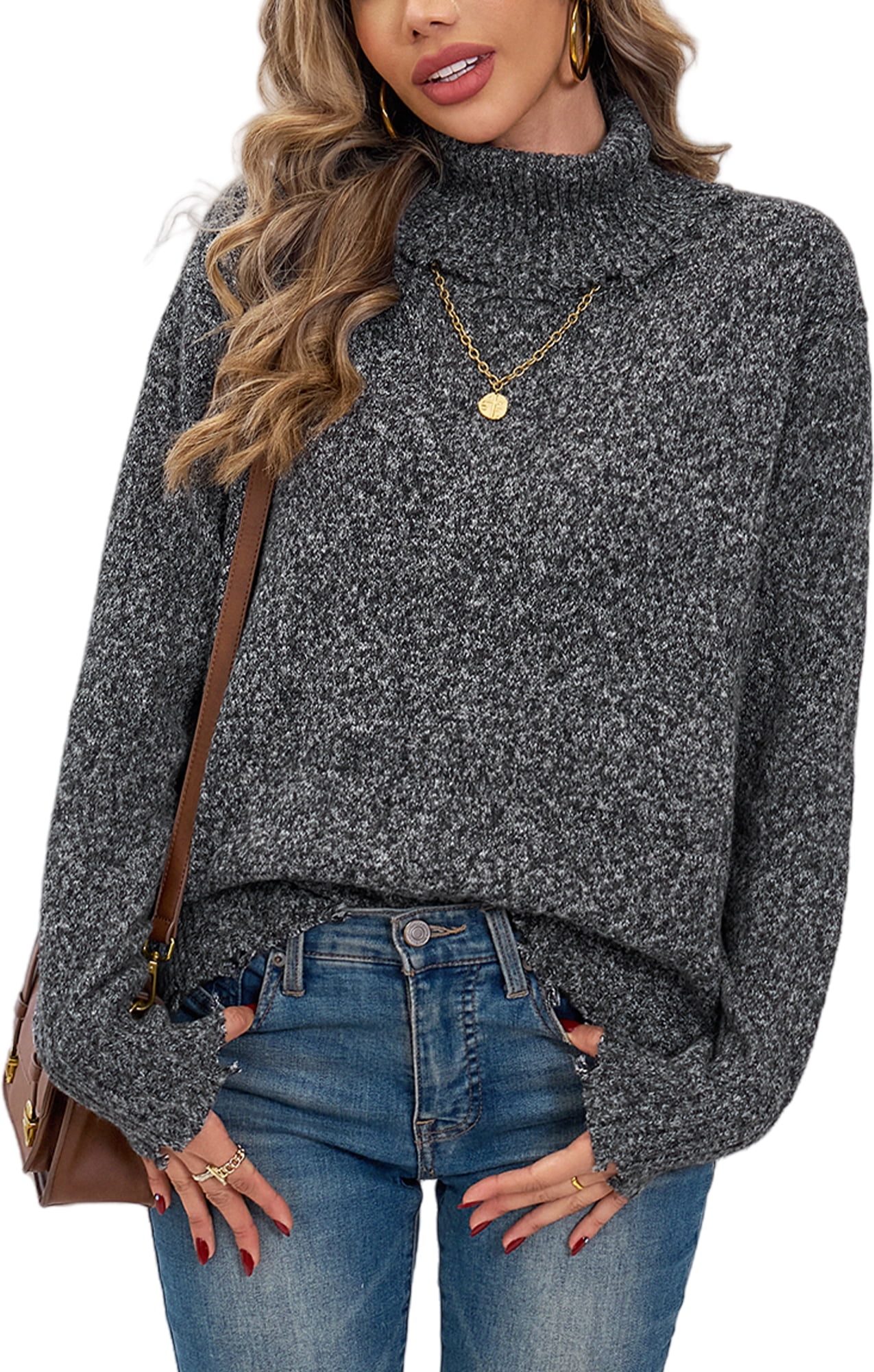 SOMER Women's Turtleneck Sweater Casual Chunky Knit Pullover Long ...