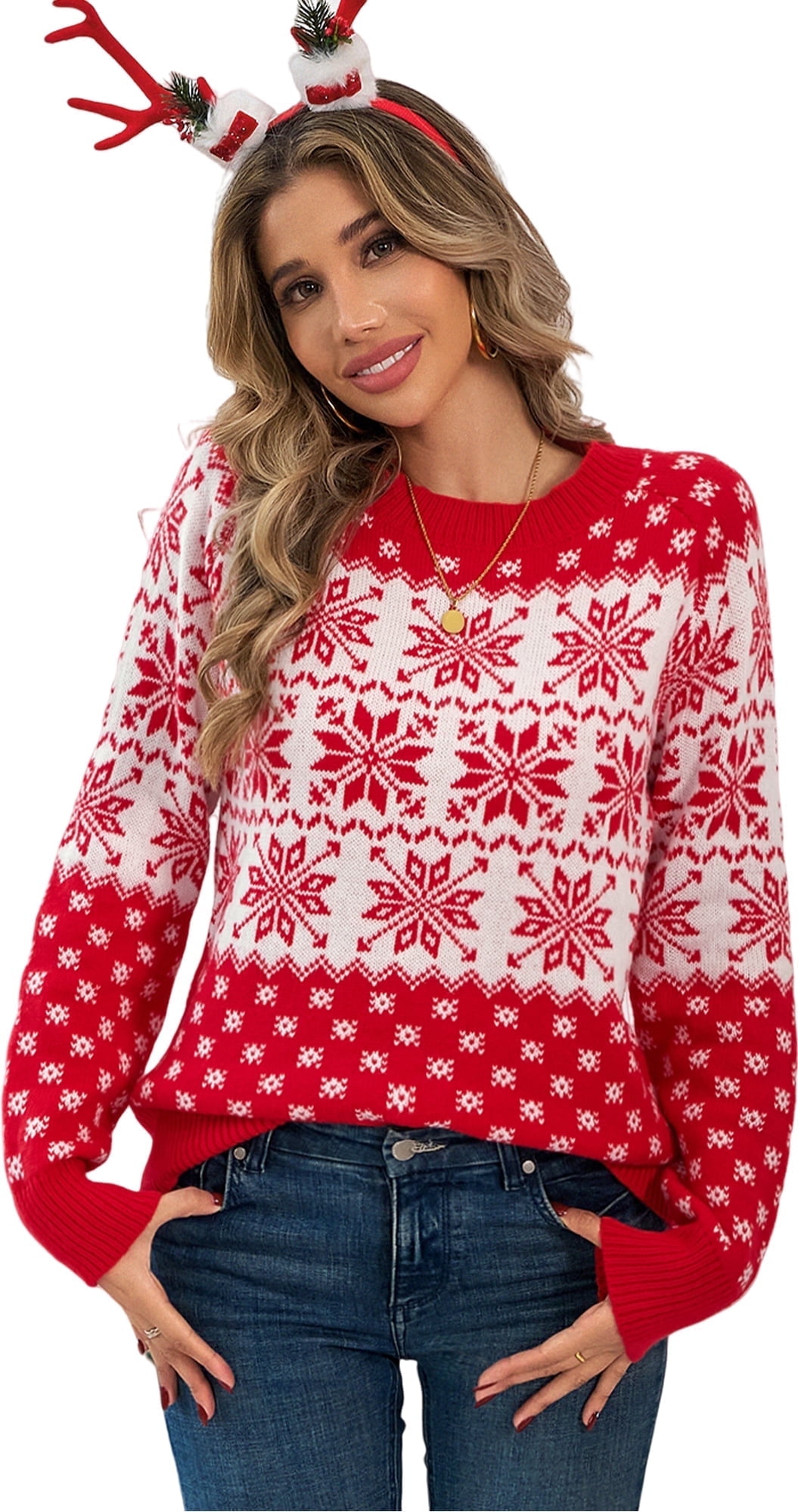 SOMER Women's Ugly Christmas Sweaters Snowflake Reindeer Long Sleeve ...