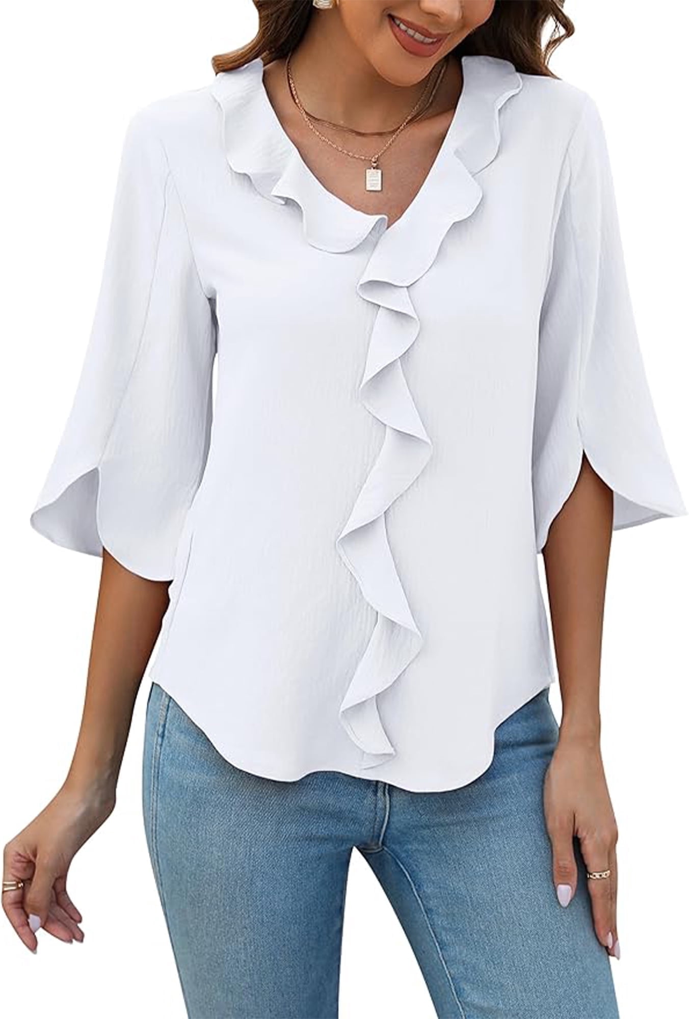 SOMER Womens Dressy Casual Blouses 3/4 Sleeve V Neck Ruffle Tops ...